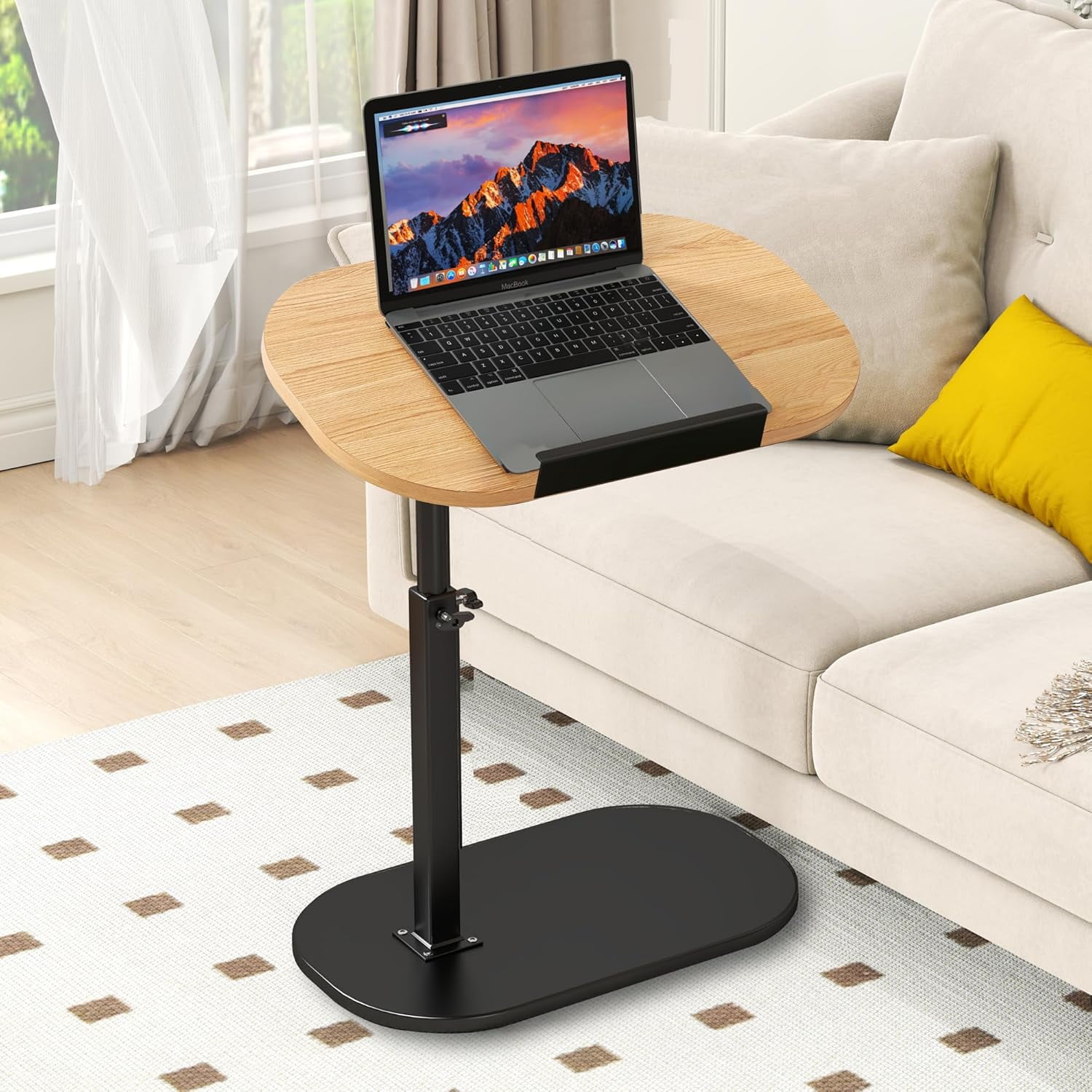 Solid Wood C Shaped Side Table Adjustable Height, Metal Base C Shaped End Table for Sofa/Bed ...