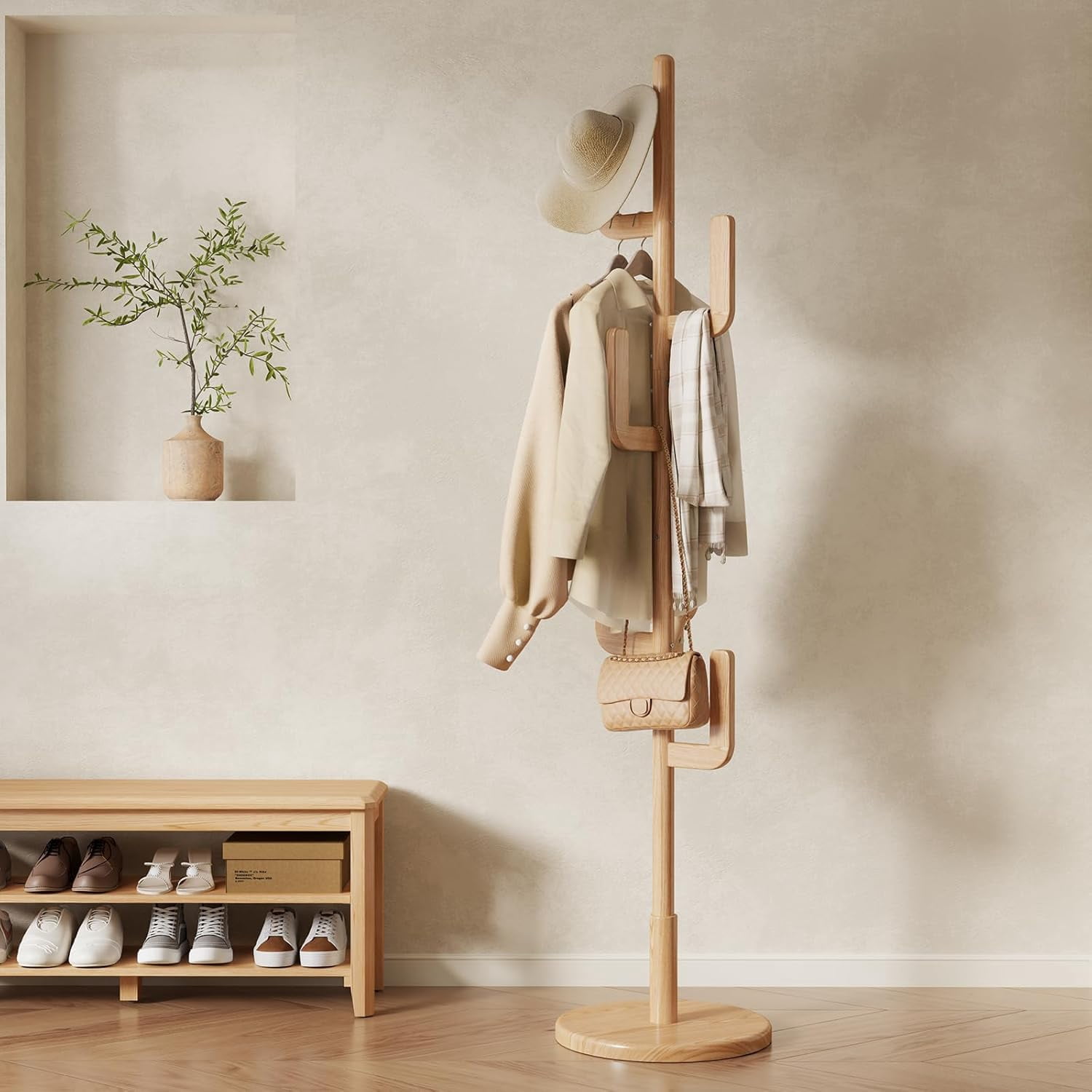 Solid Wood Cactus Coat Rack, Freestanding Coat Rack With 6 L-Shaped ...