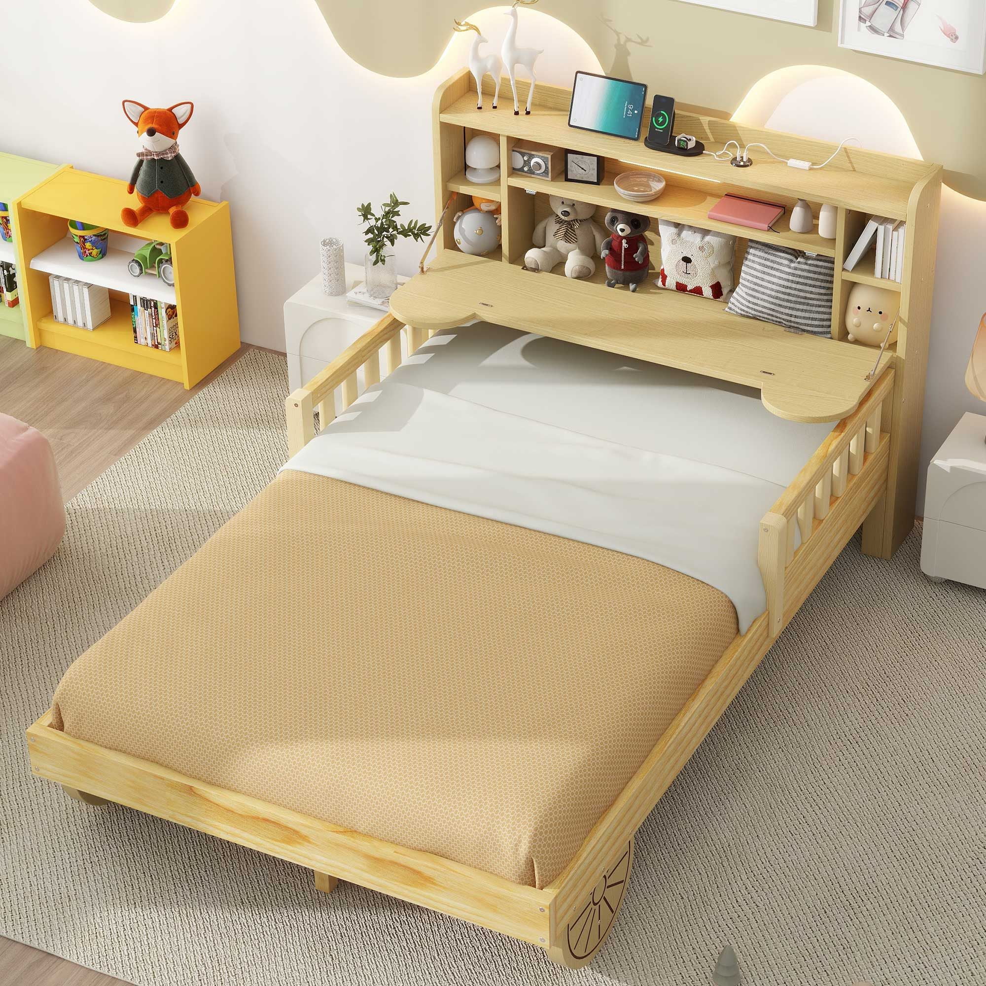 Solid Wood Car Bed Frame with Bear-Shaped Headboard, USB and LED ...