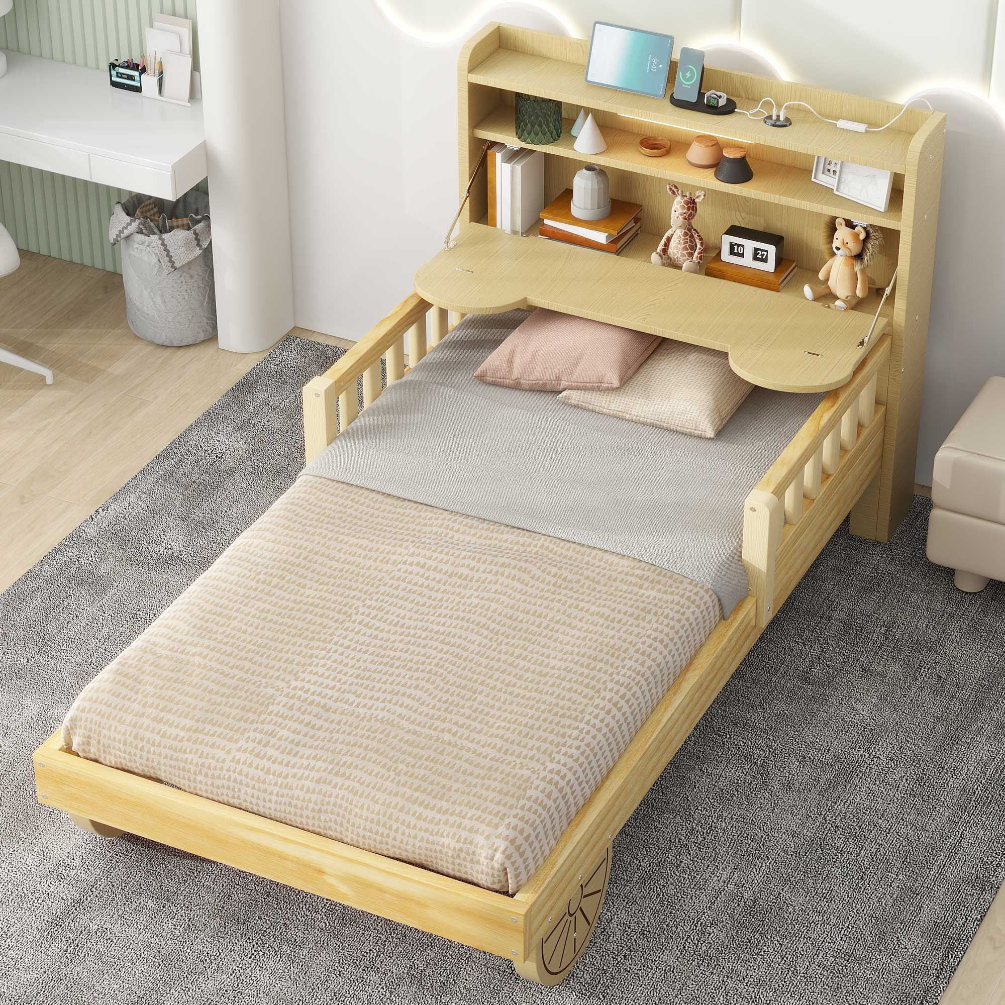 Solid Wood Car Bed Frame with Bear-Shaped Headboard, USB and LED ...