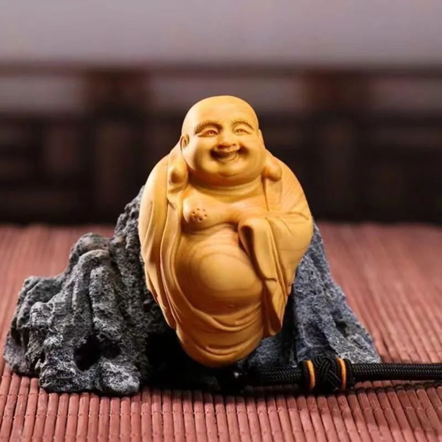 Solid Wood Carved Maitreya Buddha Handheld Ornament Smiley Face Big ...