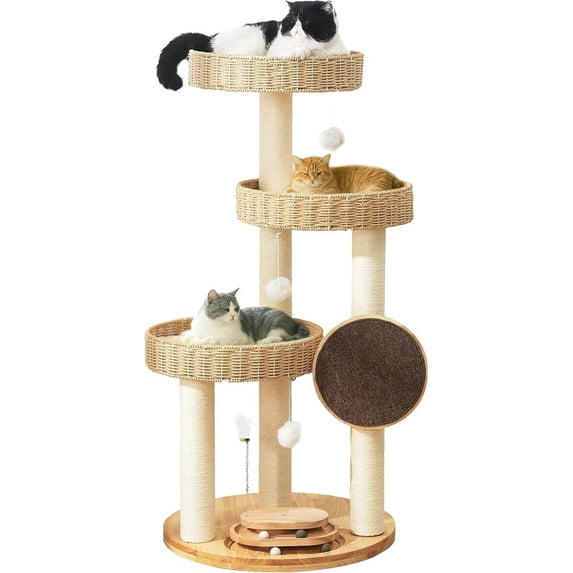 Solid Wood Cat Tree,Modern Cat Tower with Scratching Posts, Hand-Woven ...