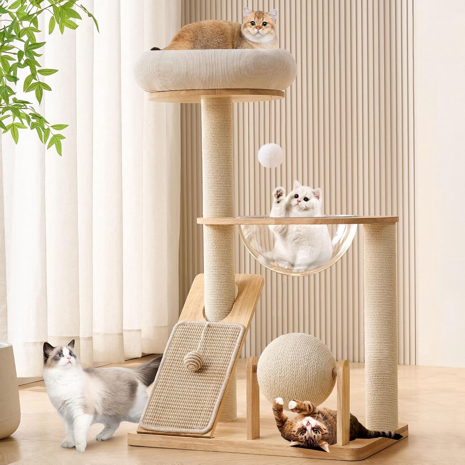 Solid Wood Cat Tree Tower with Scratching Post 37.8 Tall Cat Towers ...