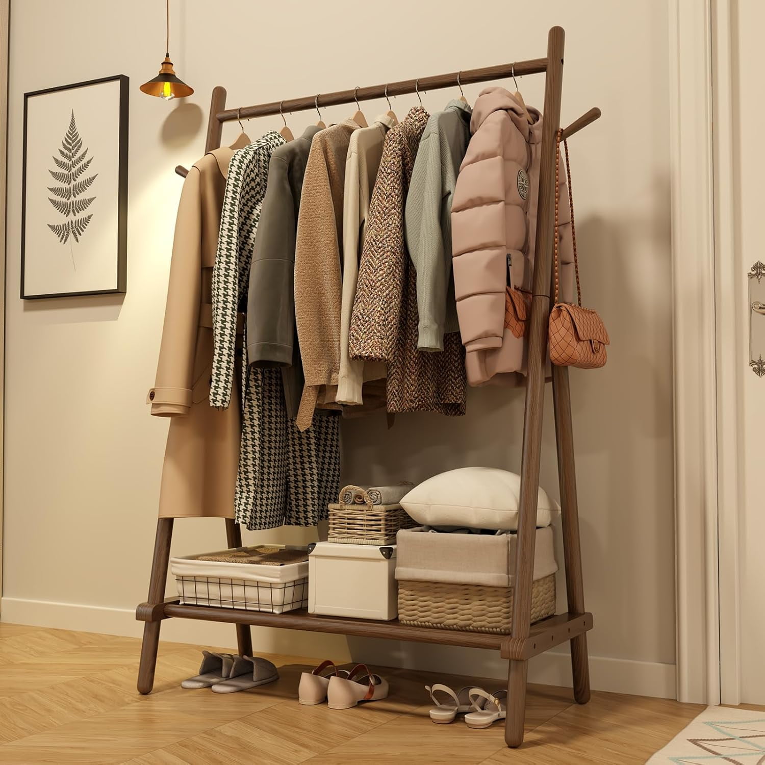 Solid Wood Clothes Rack, Clothing Rack with Shelf and Hook, Sturdy and ...