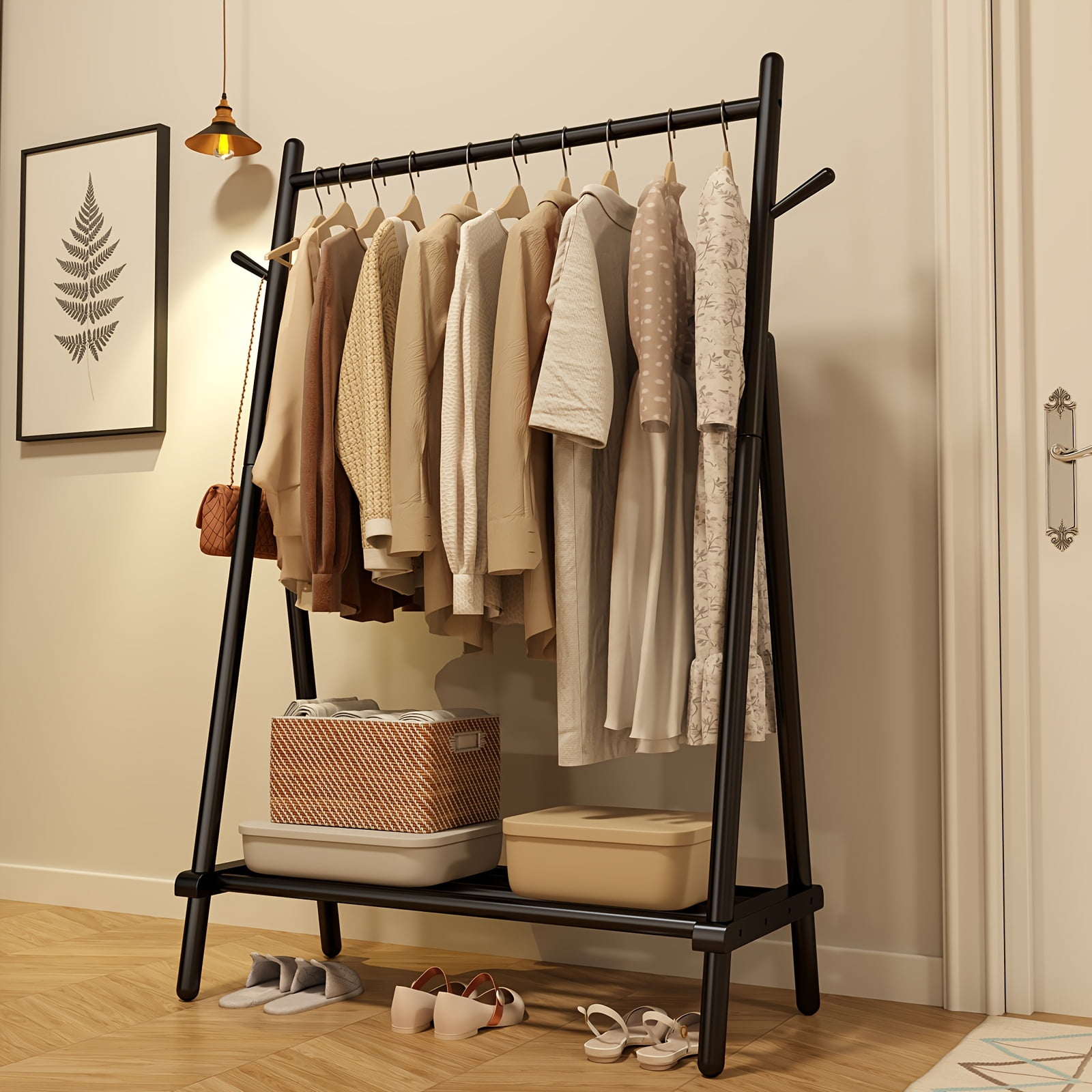 Solid Wood Clothes Rack, Clothing Rack with Shelf and Hook, Sturdy and ...