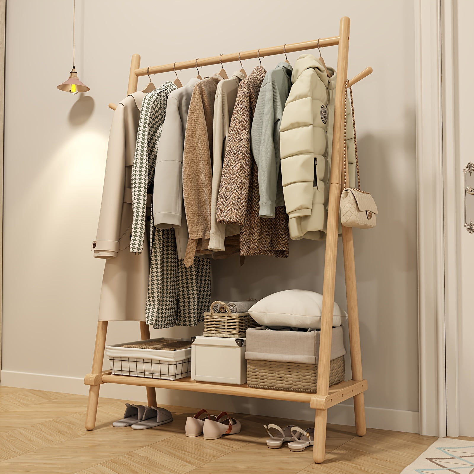 Solid Wood Clothes Rack, Clothing Rack with Shelf and Hook, Sturdy and ...