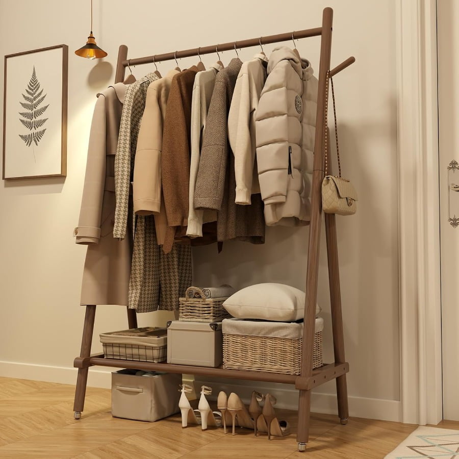 Solid Wood Clothing Rack, Rolling Clothes Rack for Hanging Clothes ...