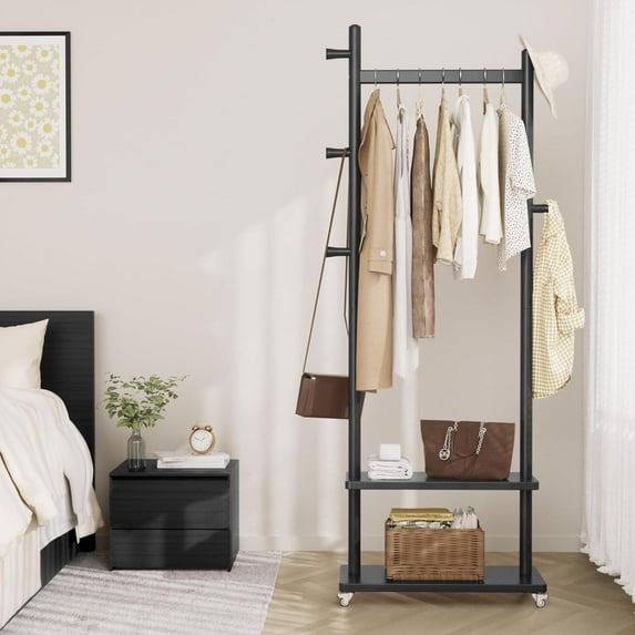 Solid Wood Coat Rack Freestanding Clothing Rack with Wheels & 2 Shelves ...