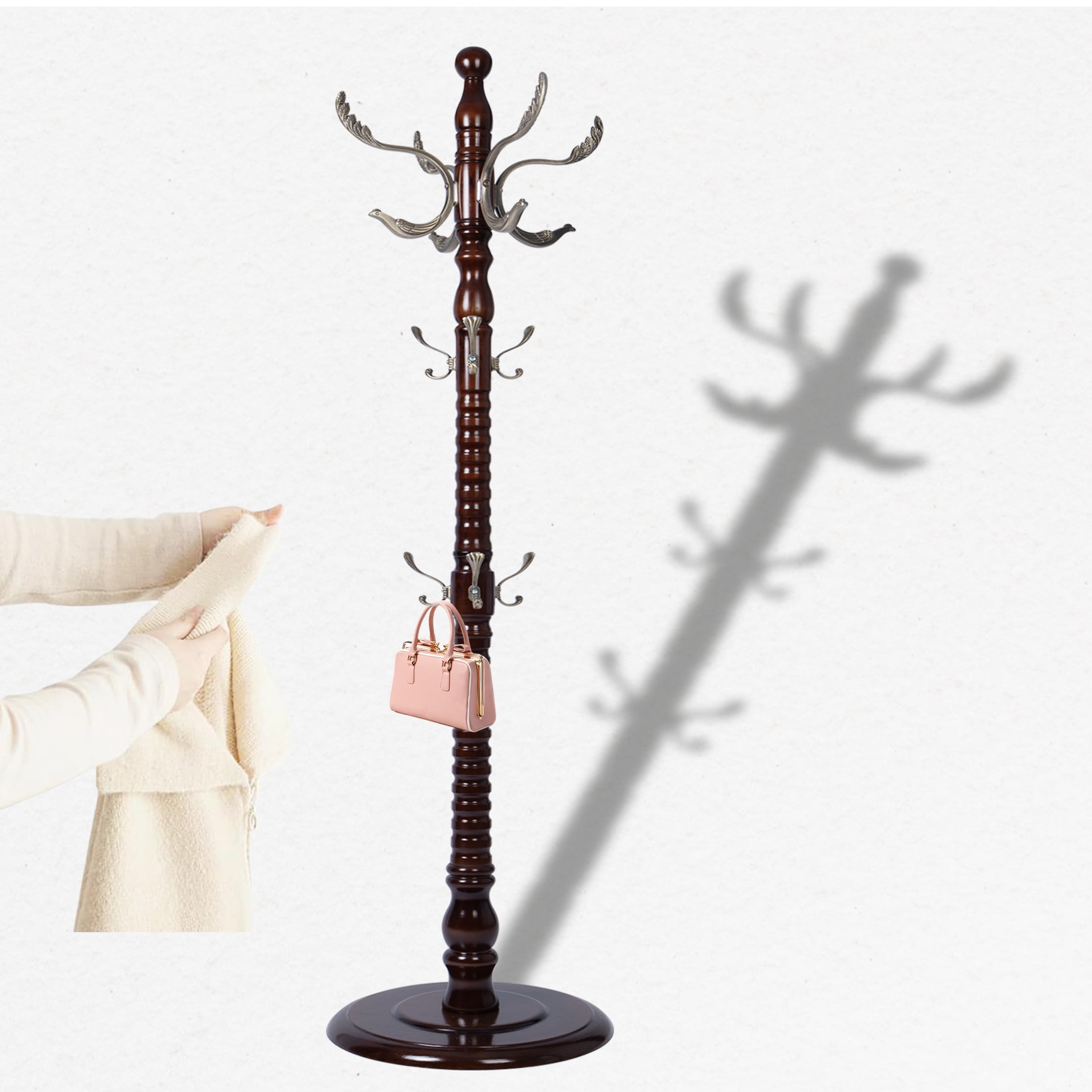 Solid Wood Coat Rack, Heavy Duty Freestanding Coat Tree with 14 Hooks ...