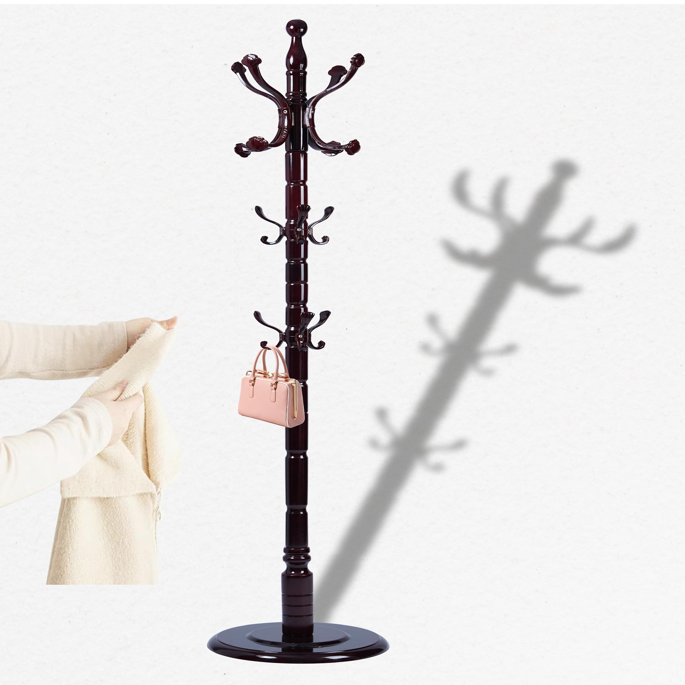 Solid Wood Coat Rack, Heavy Duty Freestanding Coat Tree with 14 Hooks ...