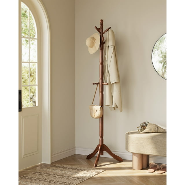 Solid Wood Coat Rack and Stand, Free Standing Hall Coat Tree with 10 ...