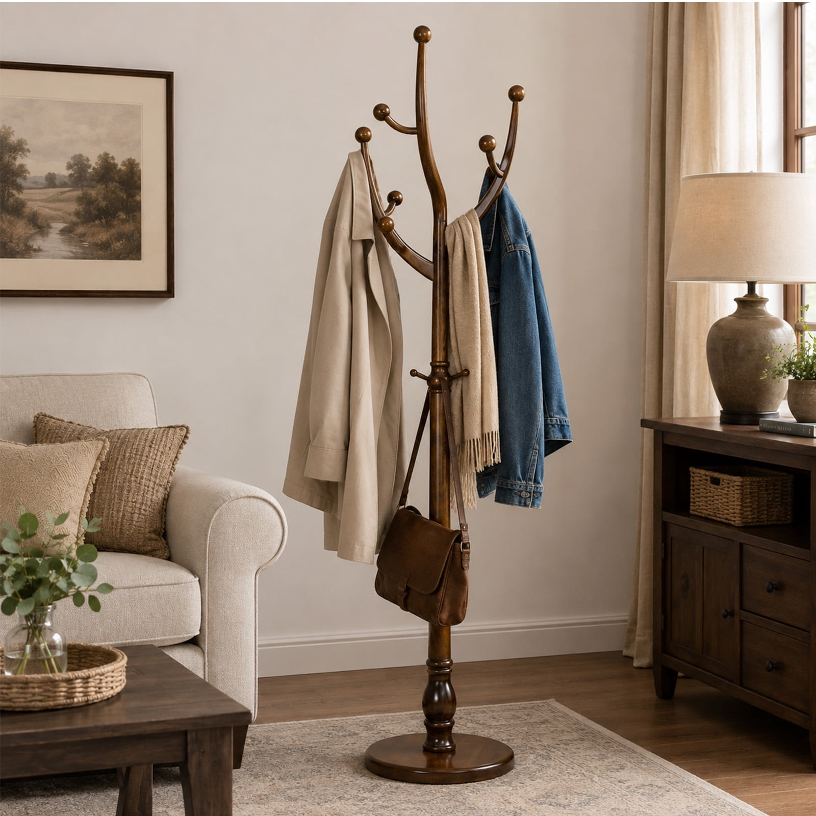 Solid Wood Coat Rack with 11 Branch-Style Hooks and Round Wooden Base ...