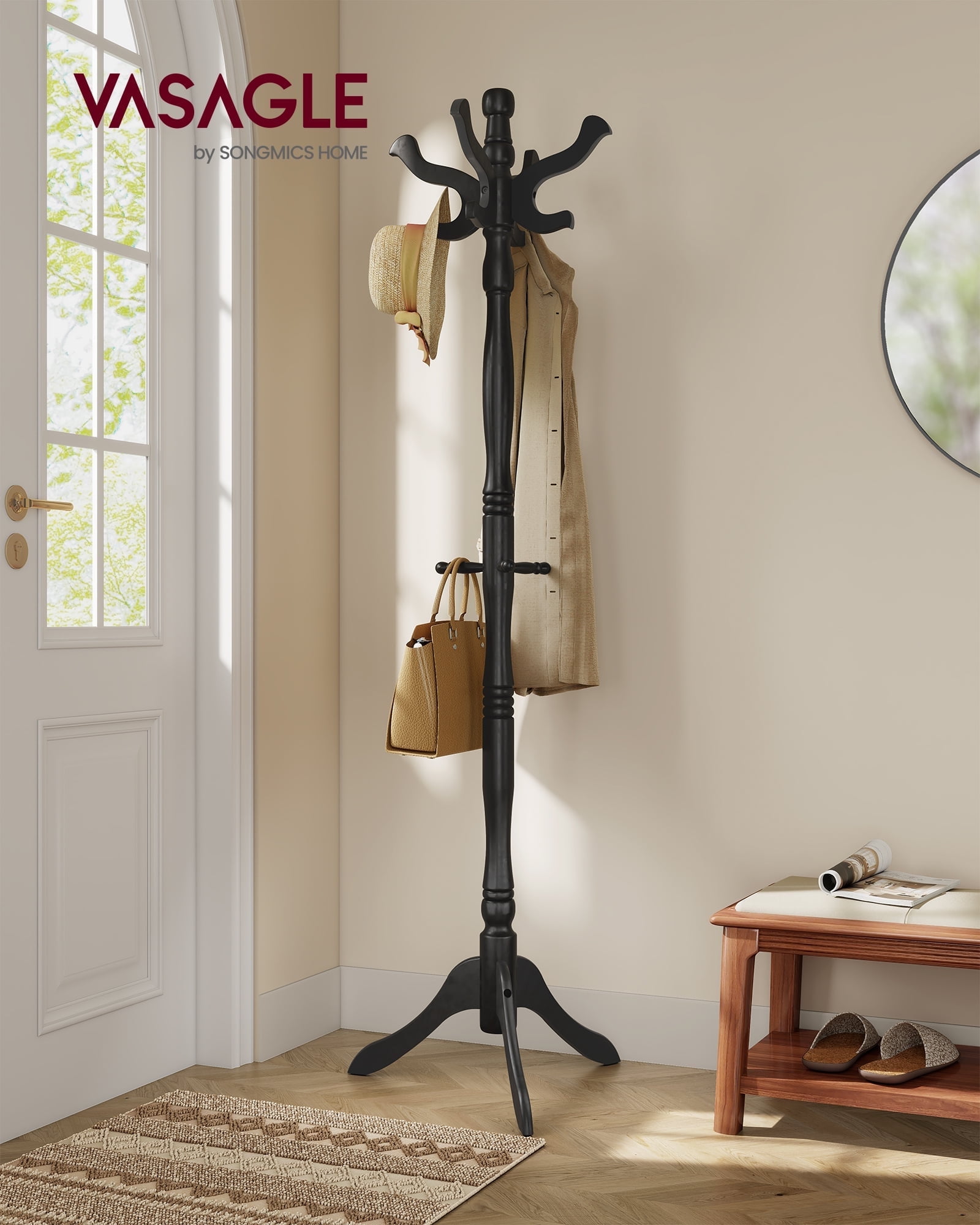 VASAGLE Coat Stand, Solid Wood Freestanding Coat Rack with 11 Hooks ...