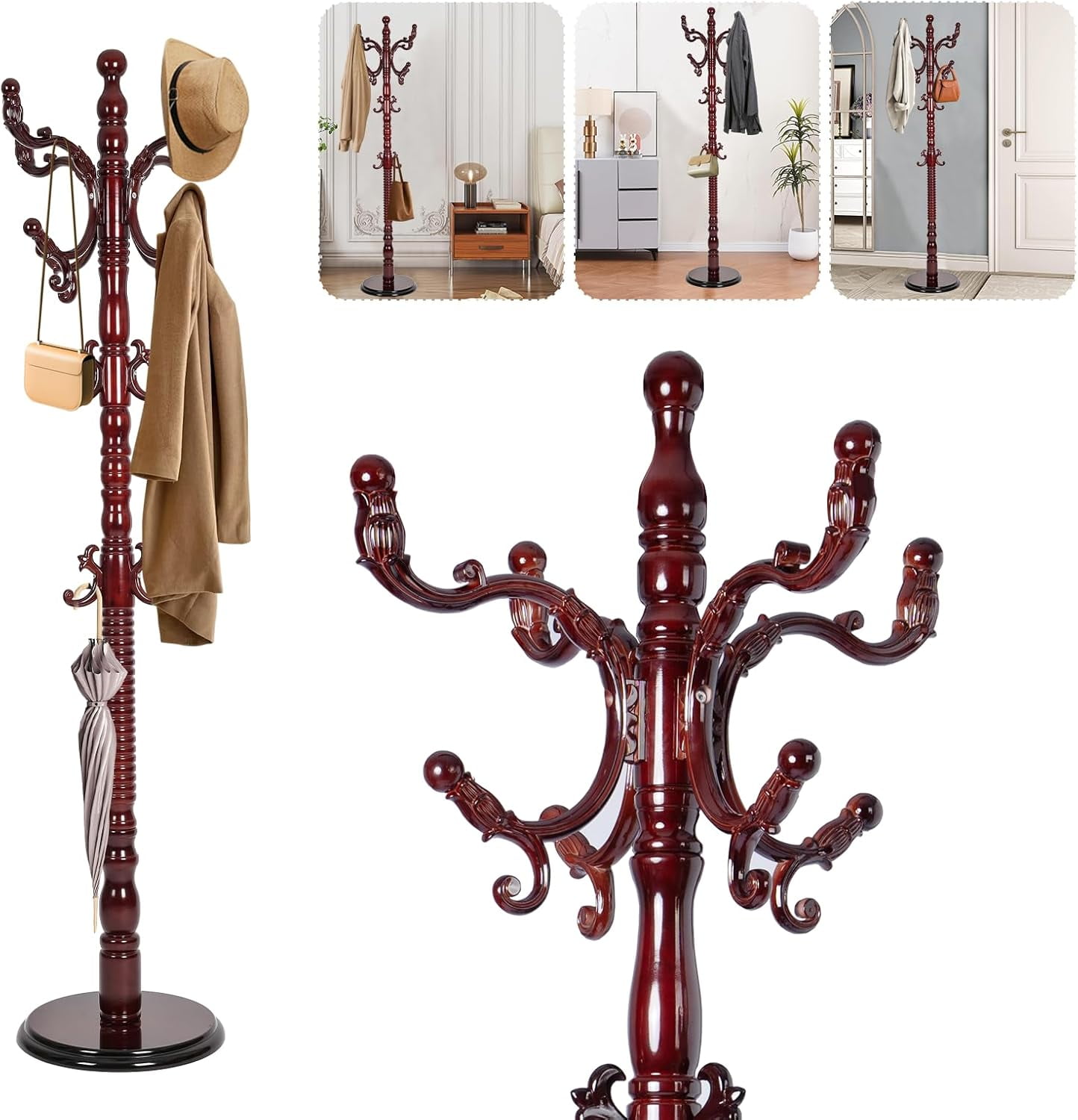 Solid Wood Coat Stand Freestanding with Stable Base Birch Coat Tree ...
