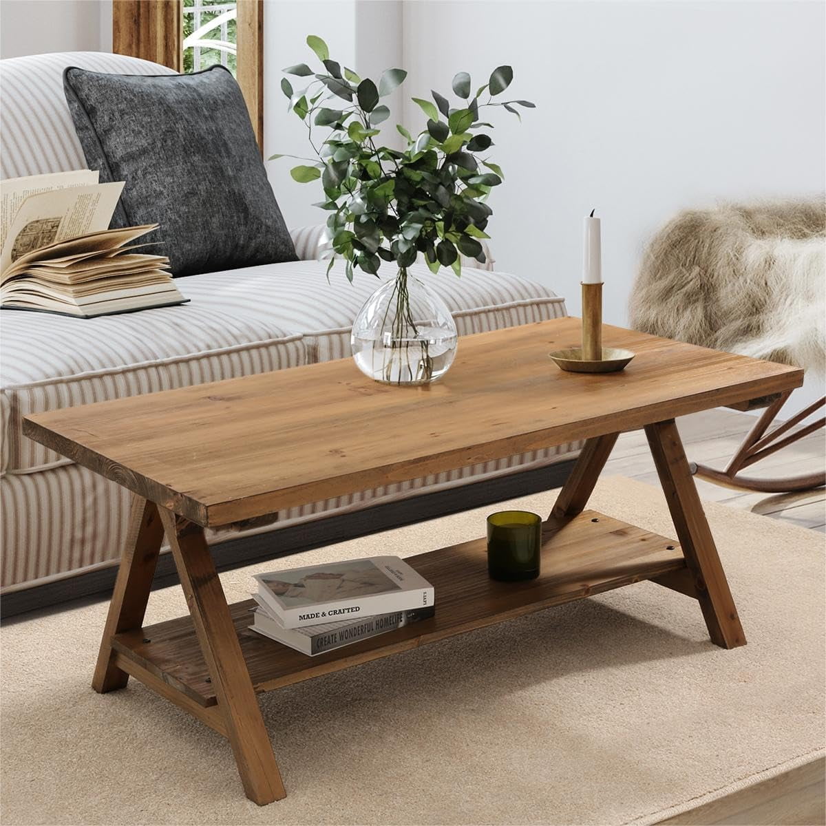 Solid Wood Coffee Table - 42.5” Firwood Farmhouse Rustic Wooden Coffee ...
