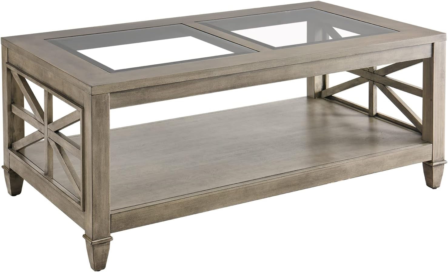 Solid Wood Coffee Table with Tempered Glass Top, 45.5" x 26" Modern Farmhouse Industrial Coffee ...