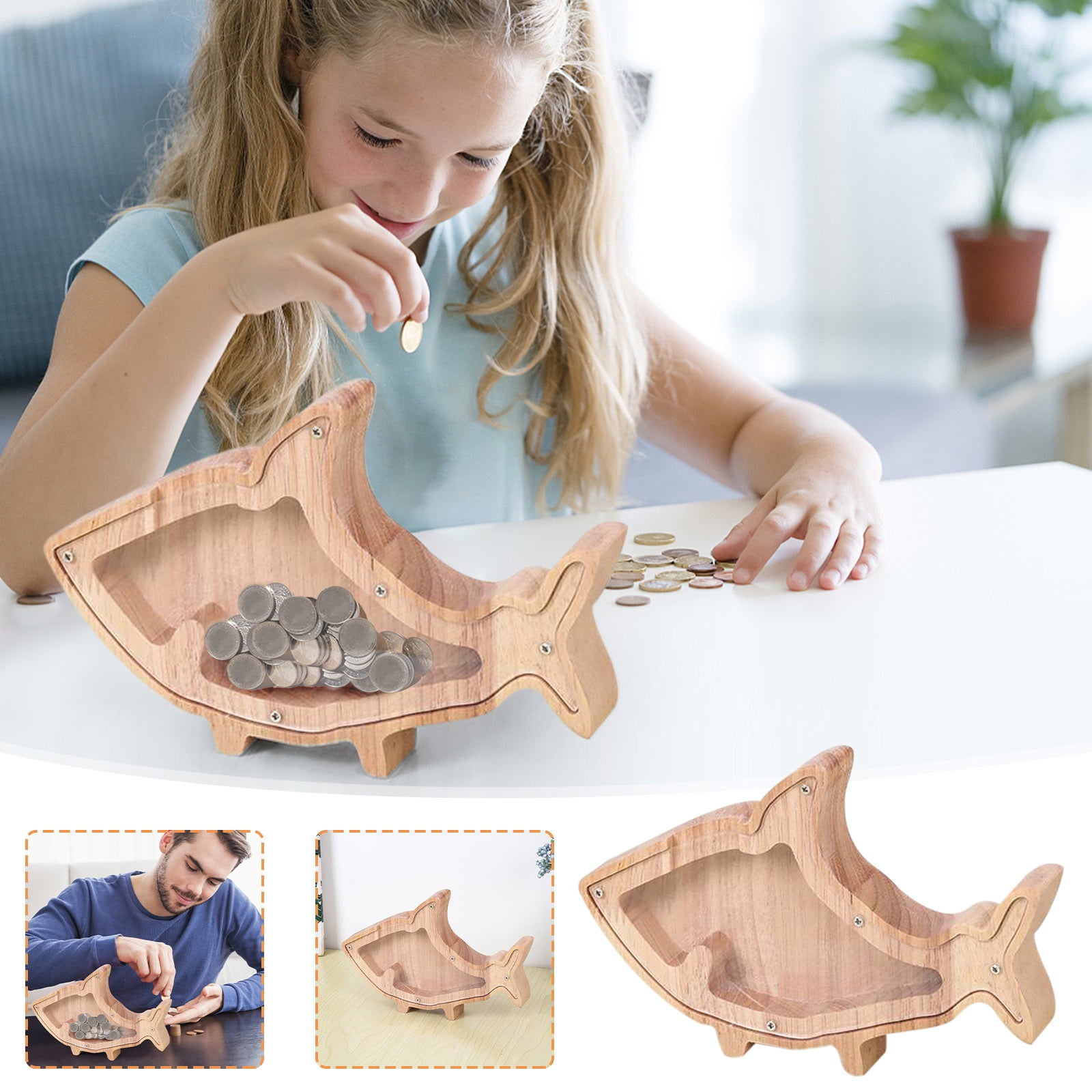 Solid Wood Coin Bank | High-Capacity Kids Piggy Bank | Transparent ...