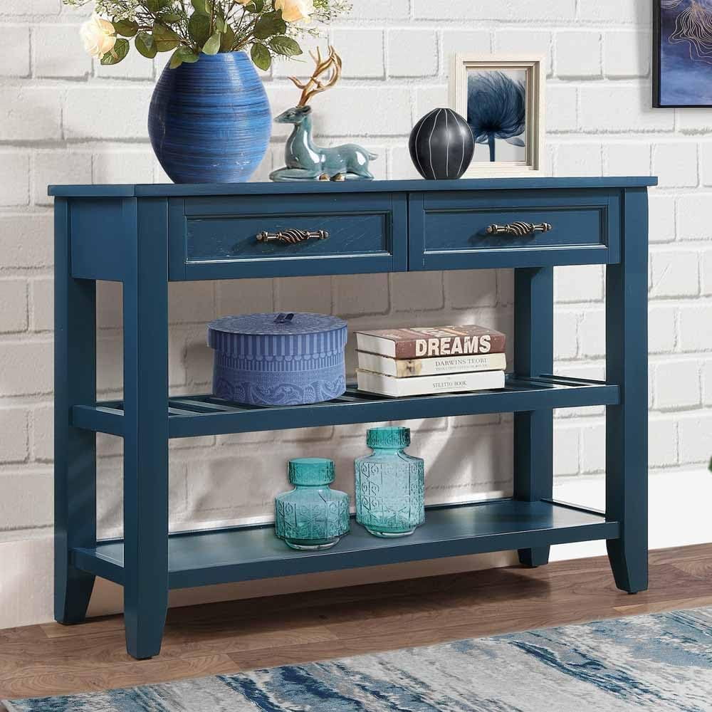 Solid Wood Console Sofa with 2 Storage Drawers and 2 Bottom Shelves 42 ...