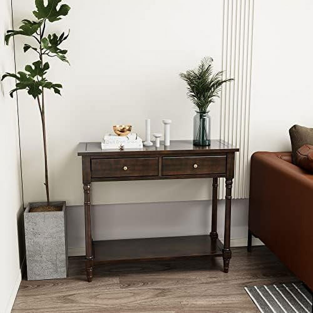 Solid Wood Console Table with 2 Drawers, 2-Tier 35.4" X 30" Accent Sofa ...