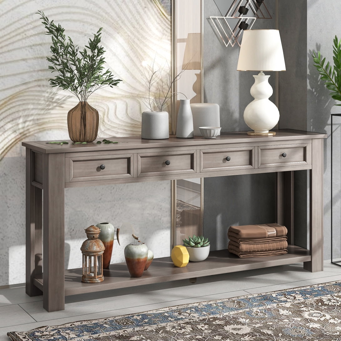Solid Wood Console Table with 4 Drawers, Accent Sofa Table with Storage ...