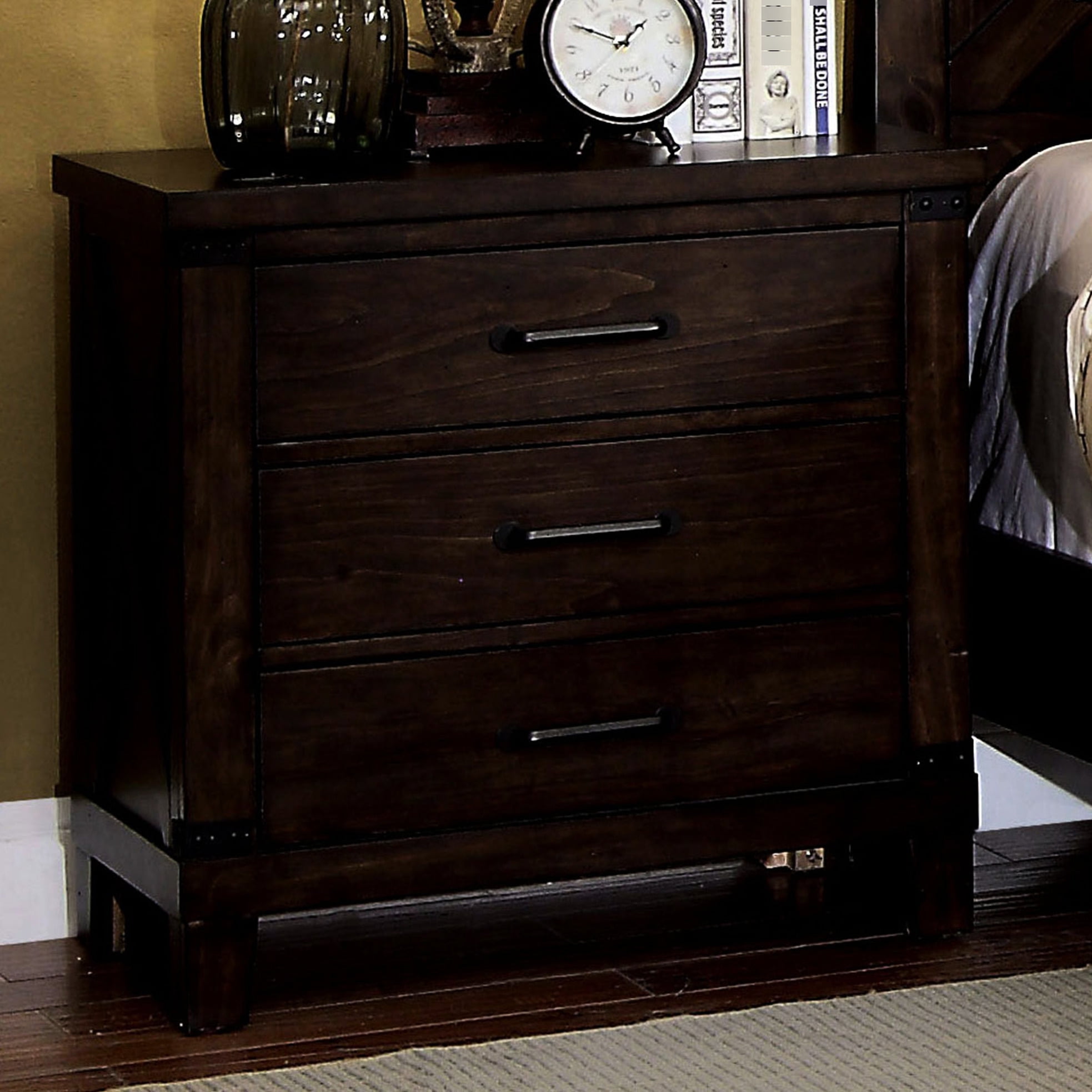 Solid Wood Dark Walnut Rustic Bedside Cabinet With 3 Drawers And Black ...