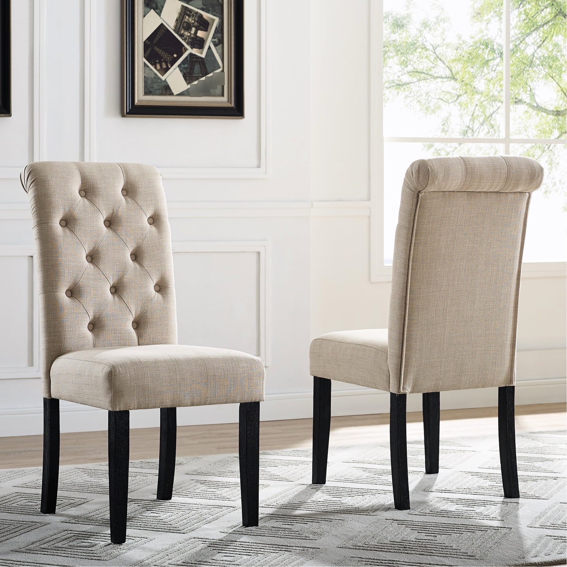 Solid Wood Dining Chair Pair, Tan. Button Back And Seat. High Back ...