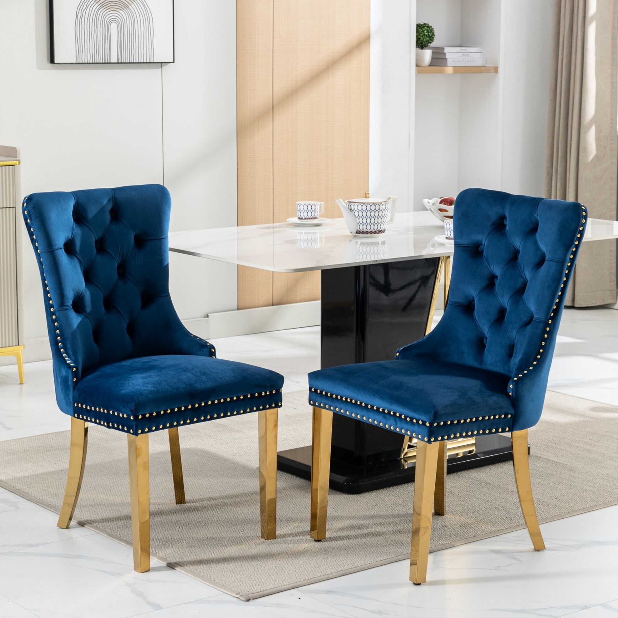 Solid Wood Dining Chairs With Blue Velvet Upholstery, Golden Stainless ...