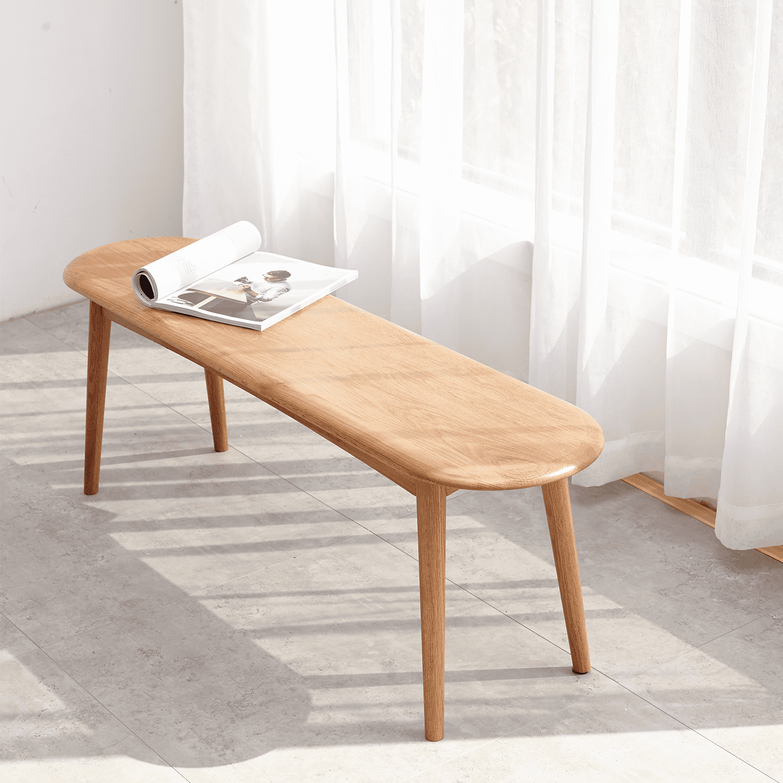 Solid Wood Dining Room Bench with Rounded Corners Mid-Century Bed End ...
