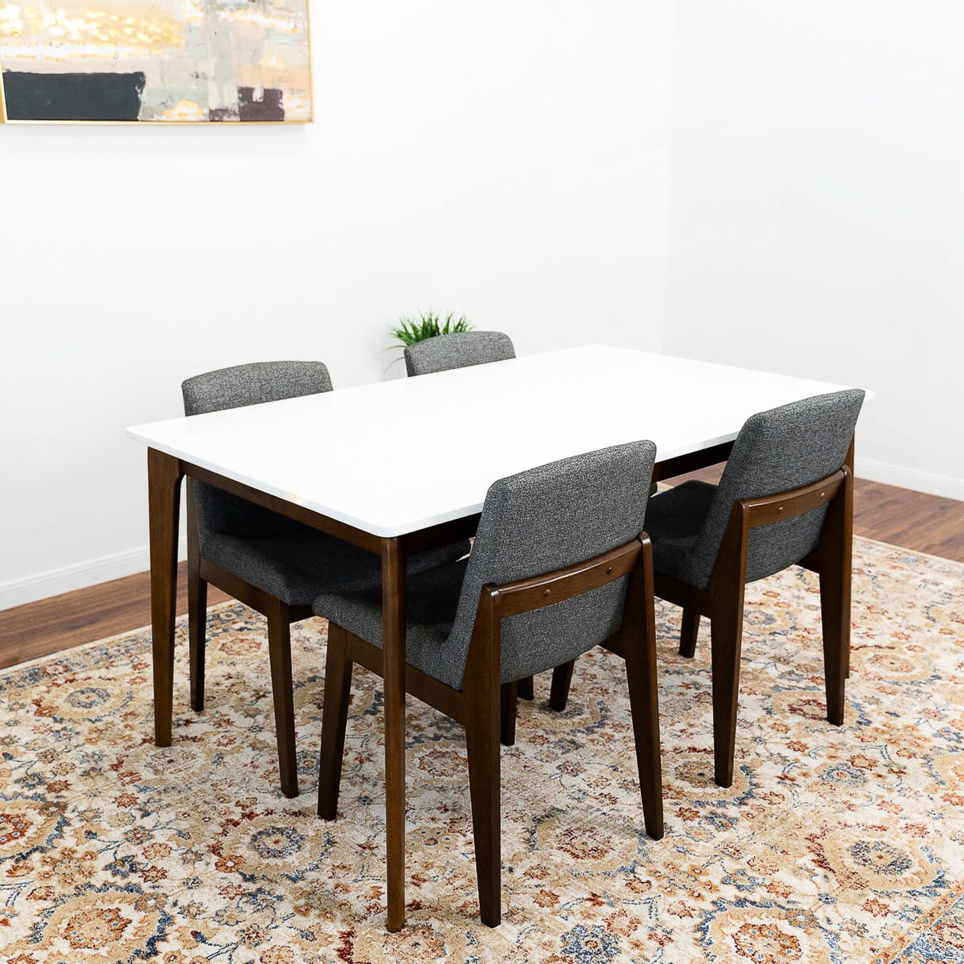 Solid Wood Dining Table With 4 Chairs, Mid-century Style, White ...