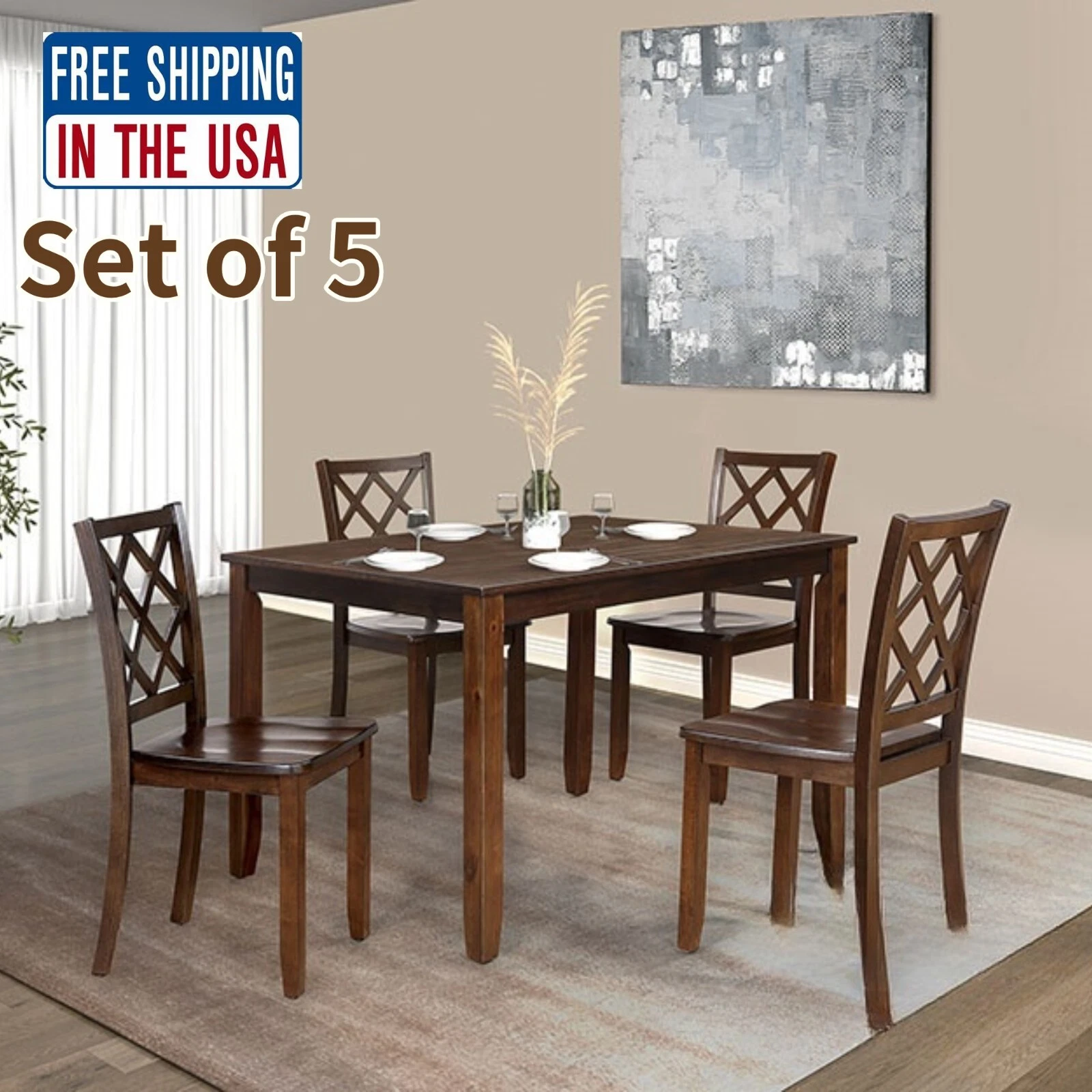 Solid Wood Dining Table Set of 5 Traditional Dark Cherry Finish ...