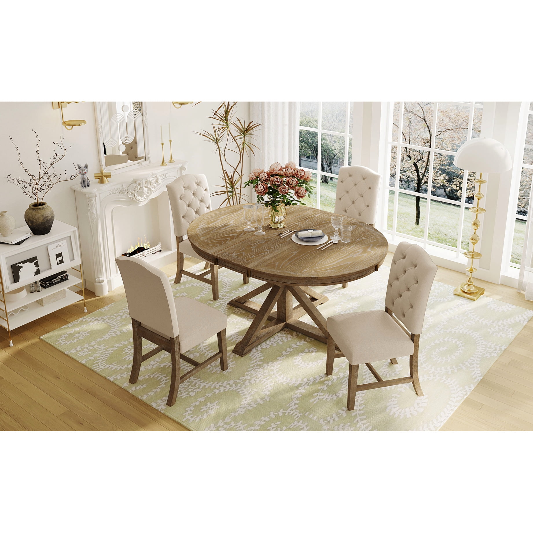 Solid Wood Dining Table With 4 Chairs - Retro Style & For Family ...