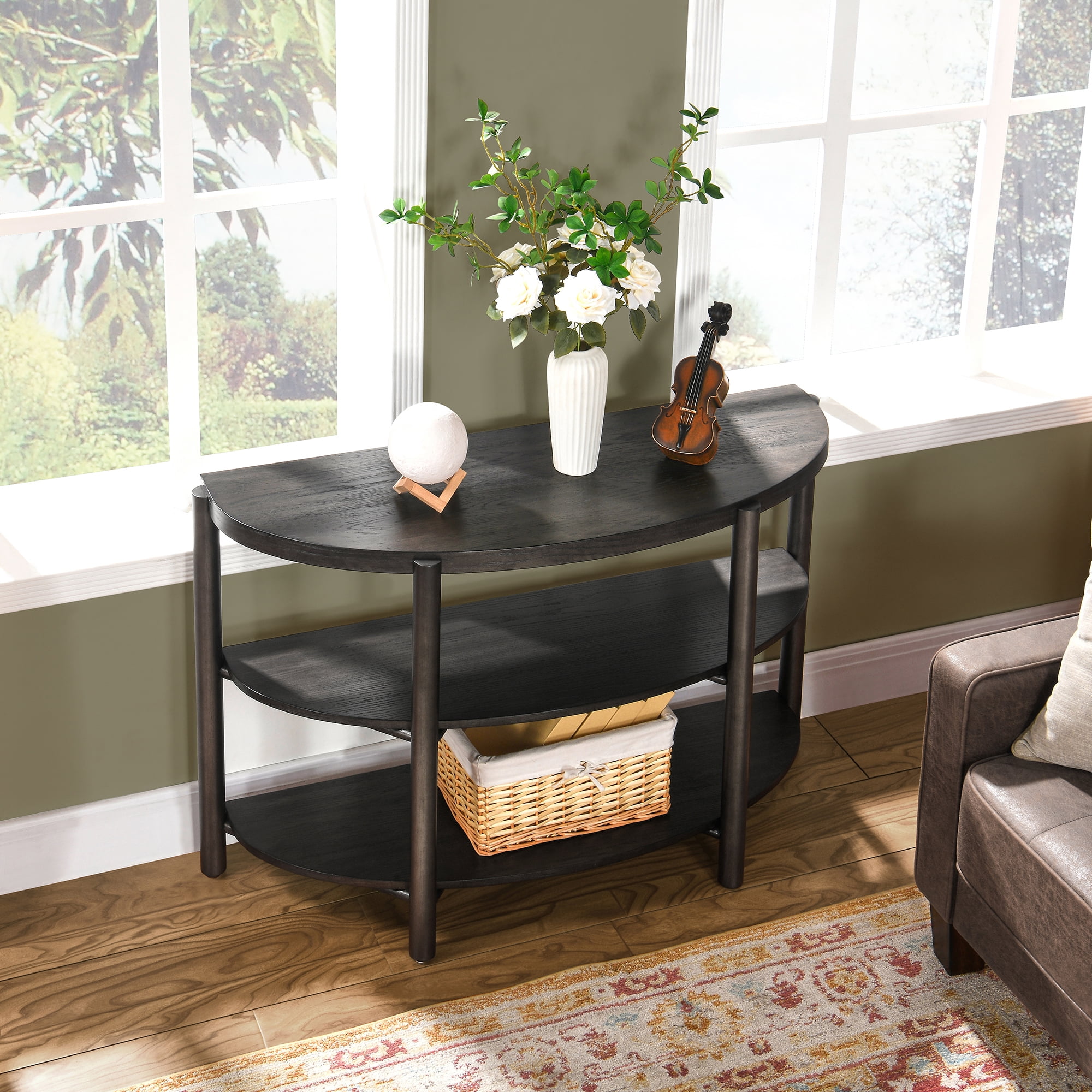 Solid Wood Drum Console Table Modern 3-Tier Minimalist Sofa Table for ...