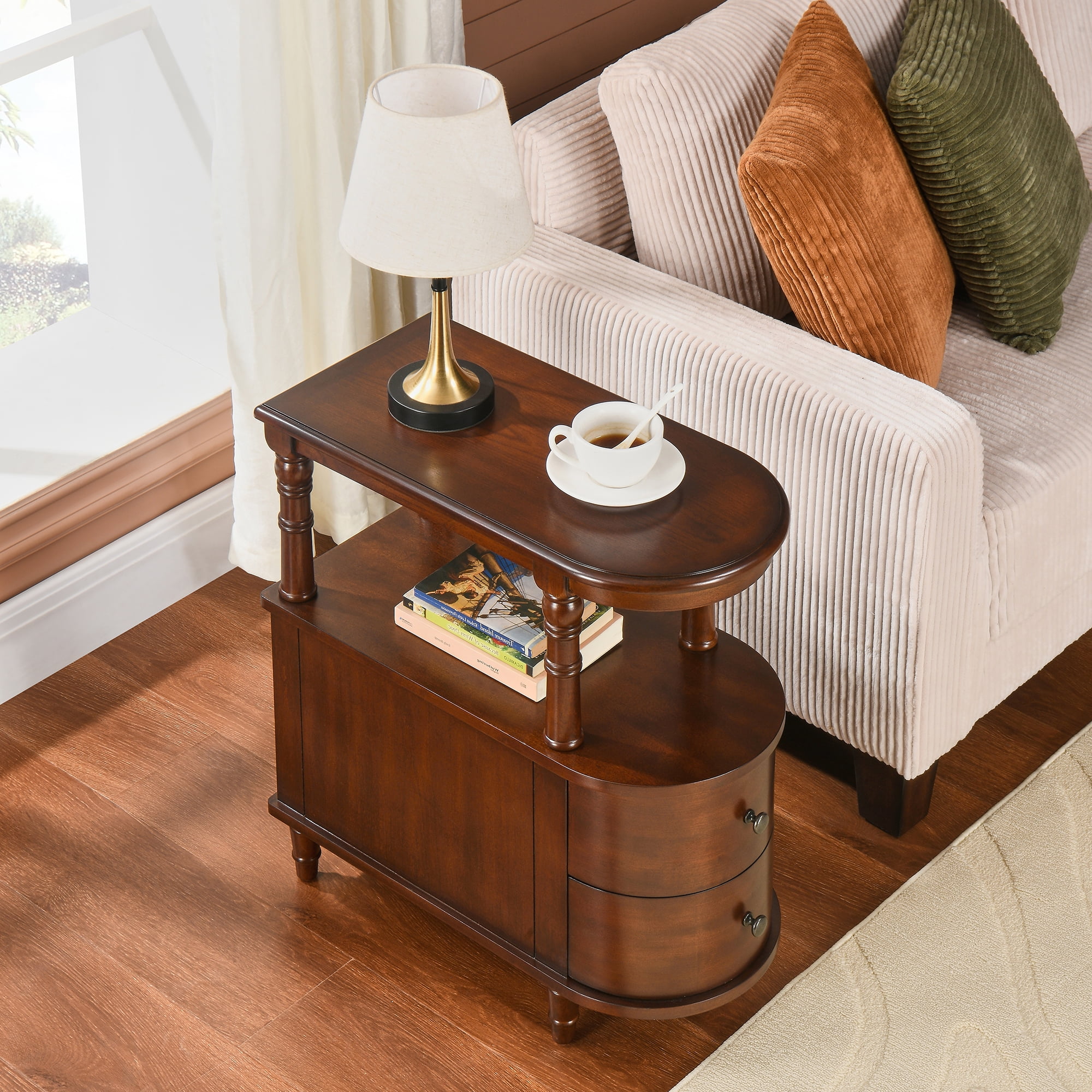 Solid Wood End Table with 2 Drawers, Narrow Sofa Side Table Slim Chair ...