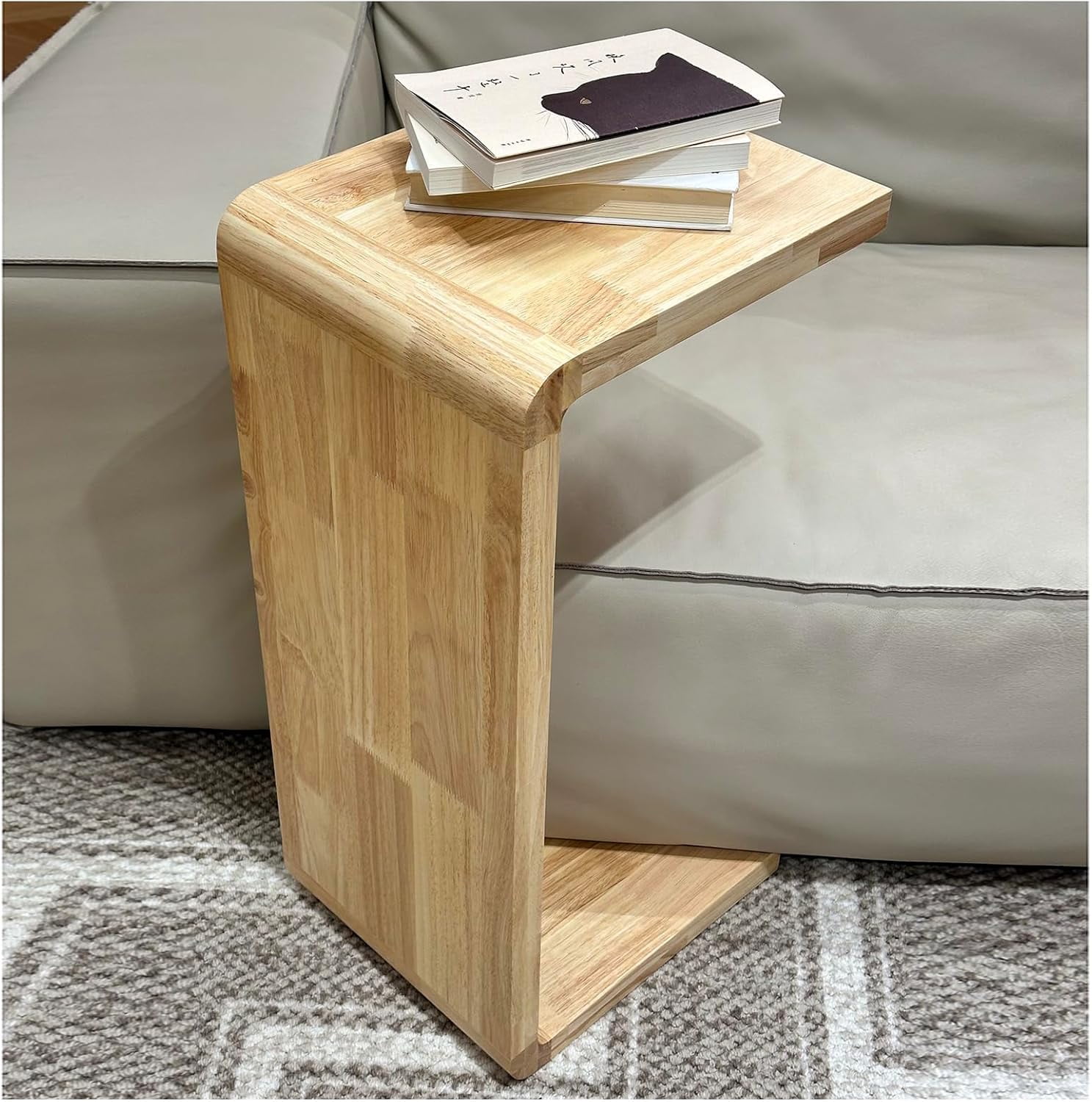 Solid Wood End Table for Couch, C Shaped Mini Sofa Side Table for Small ...