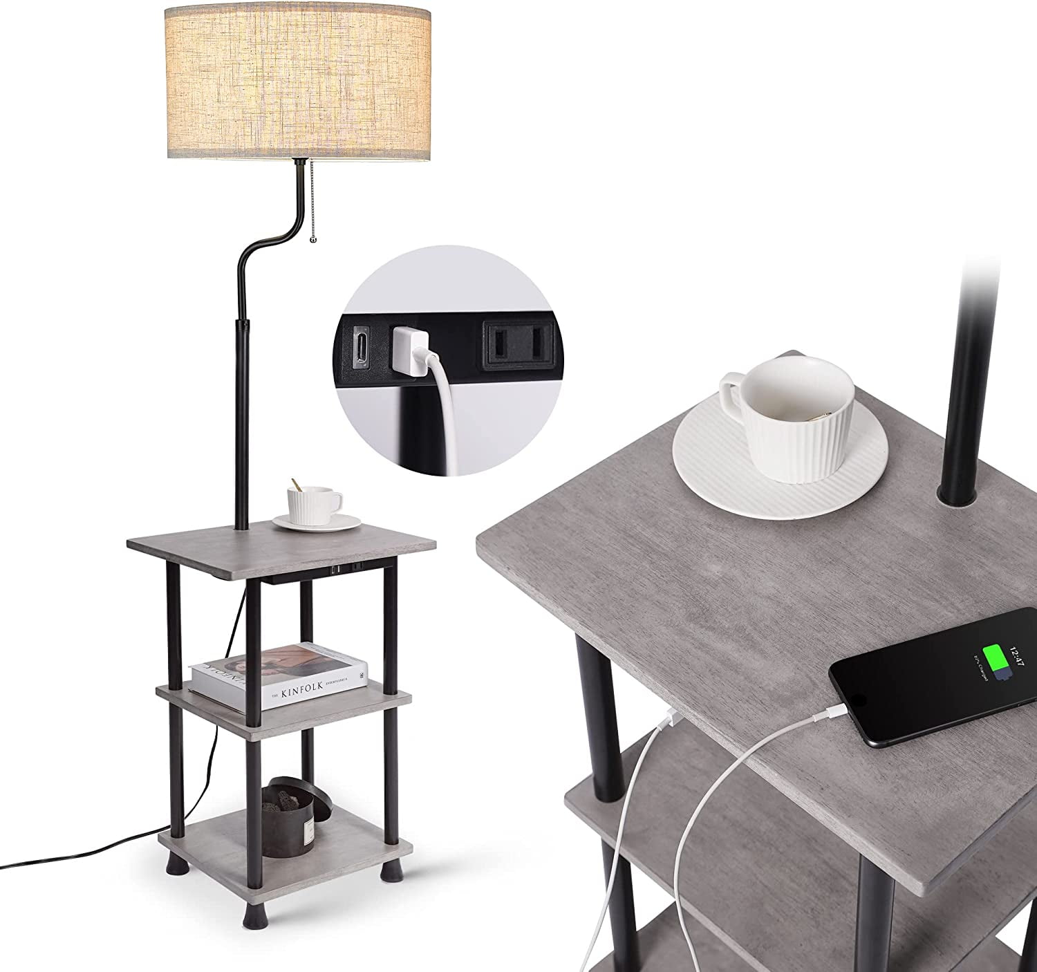 Solid Wood End Table Floor Lamp, USB Type C Charging Port & Outlet ...