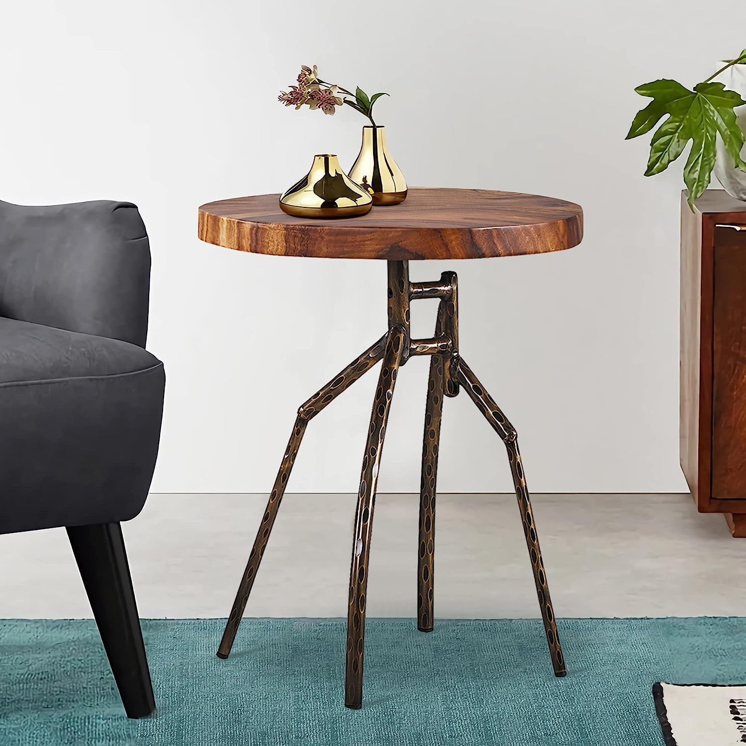 Solid Wood End Table, Round Side Table, Accent Table with Metal Leg, Mini Coffee Table for ...