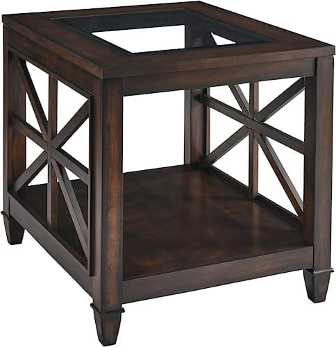Solid Wood End Table with Tempered Glass Top, 28" x 24" Large Farmhouse ...