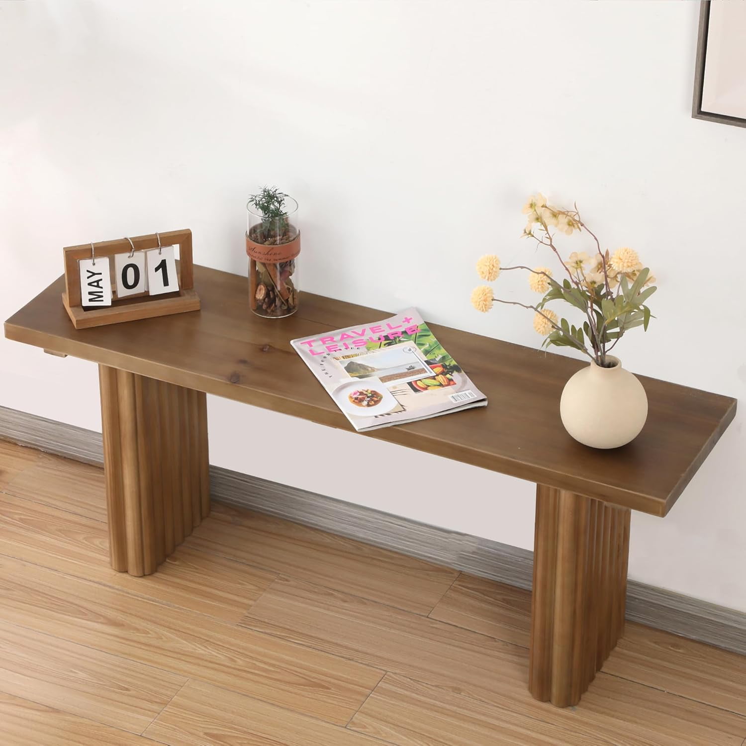 Solid Wood Entryway Bench - 43.3" Fluted Farmhouse Bench, Indoor Long ...