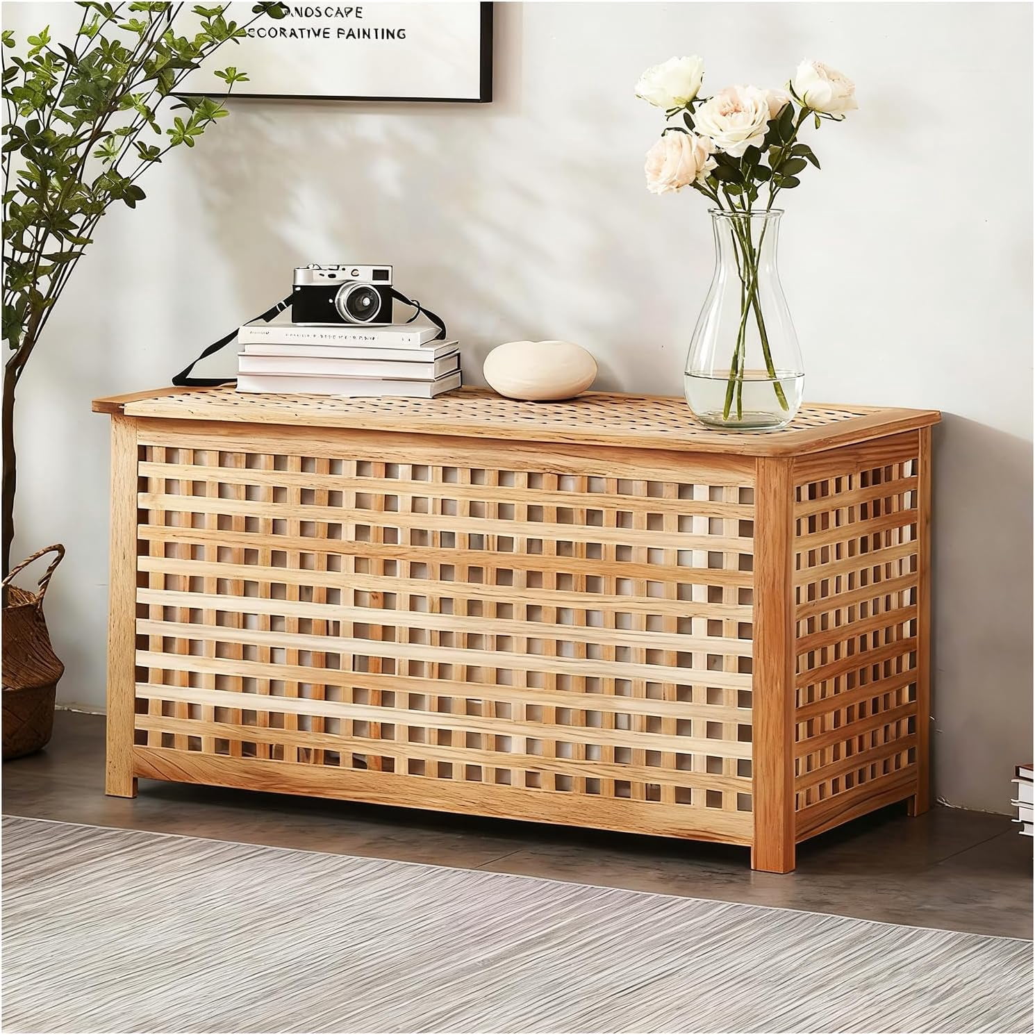 Solid Wood Entryway Bench with Storage Vintage Laundry Storages Hamper ...