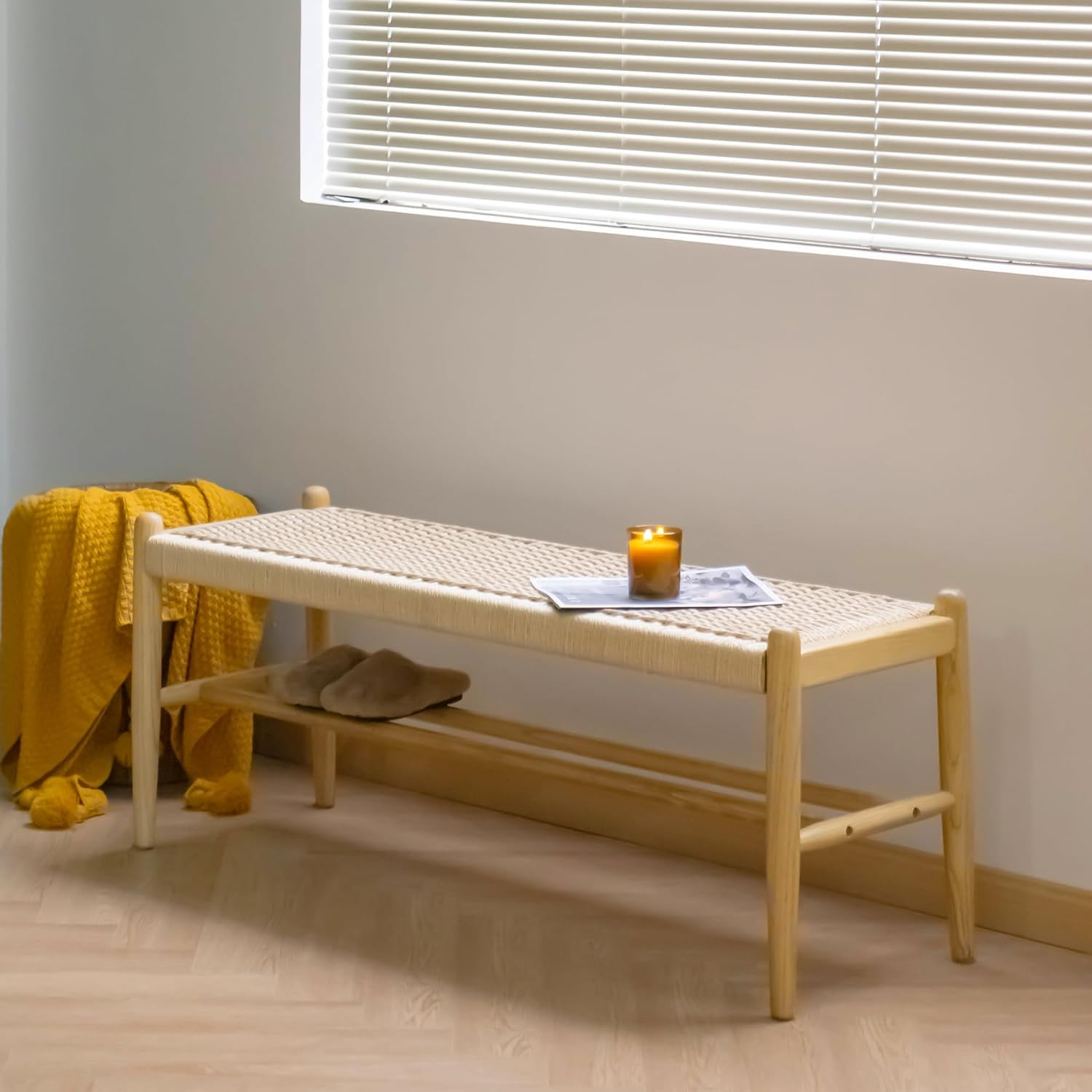 Solid Wood Entryway Bench with Shoe Storage, Rustic Oak Wood and Woven ...
