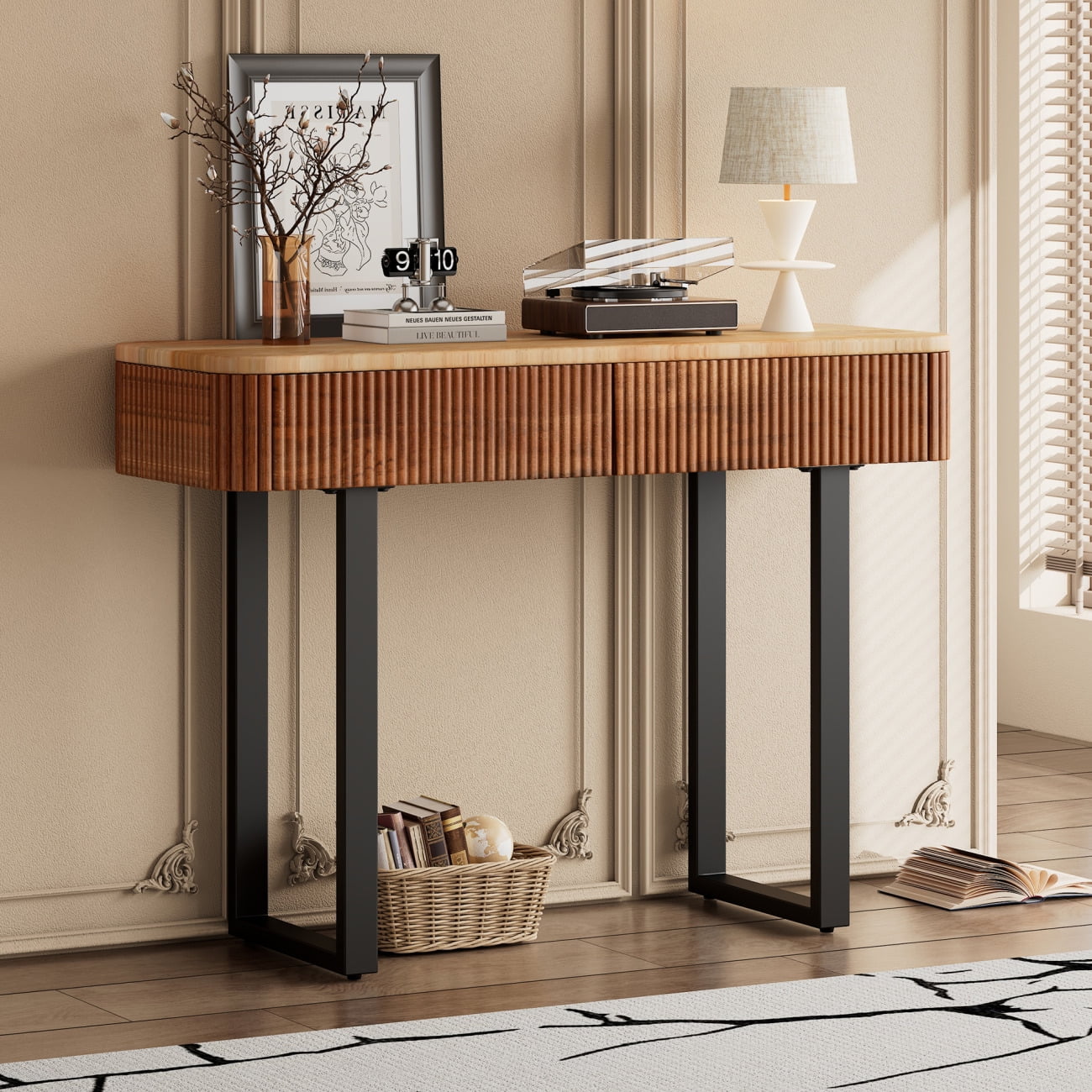 Solid Wood Entryway Console Table, Retro Minimalist Fluted Design with ...