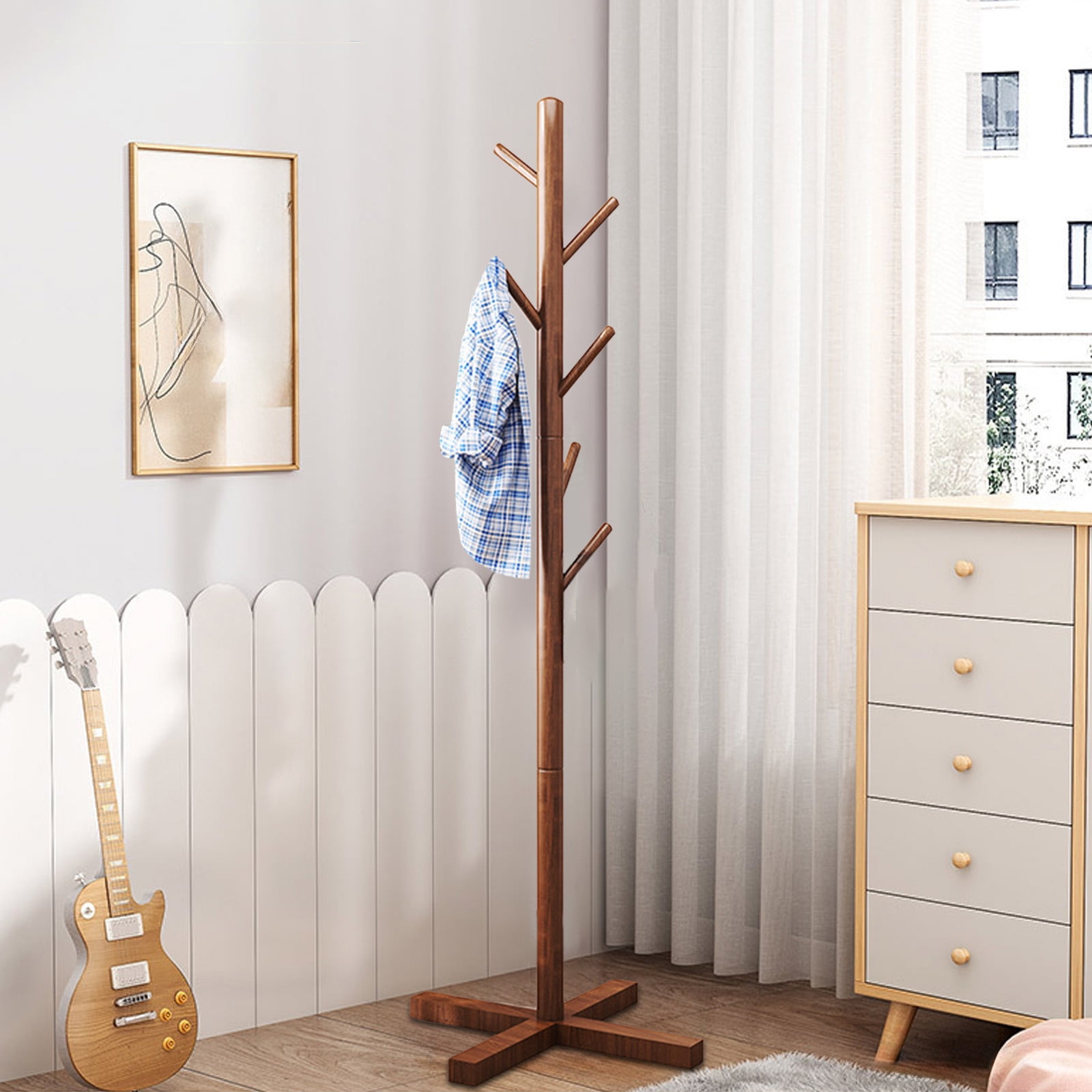 Solid Wood Floor Coat Rack Modern Vertical Hanging Rod with Adjustable ...