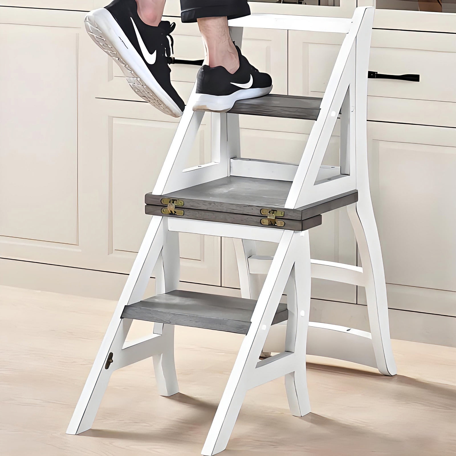 Solid Wood Foldable Ladder Chair, Dual-Purpose Step Ladder & Display ...