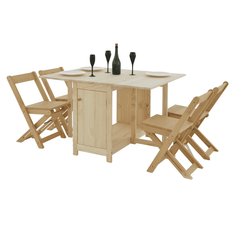 Solid Wood Foldable Table and 4 Chairs Set with Storage