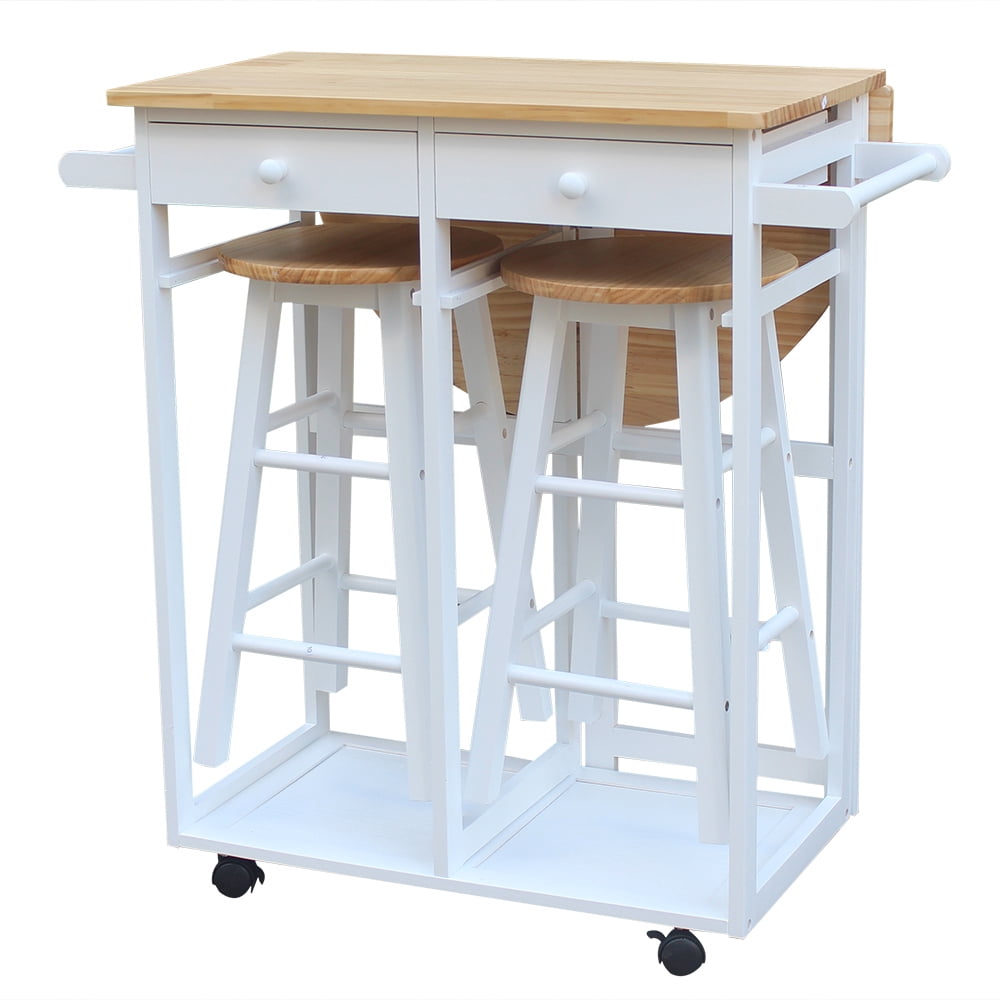 Solid Wood Folding Dining Cart with Rollers, Kitchen Table and Chair ...