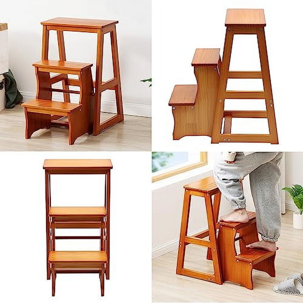 Solid Wood Folding Library Ladder Chair, 3-Step Stool Dual Purpose ...