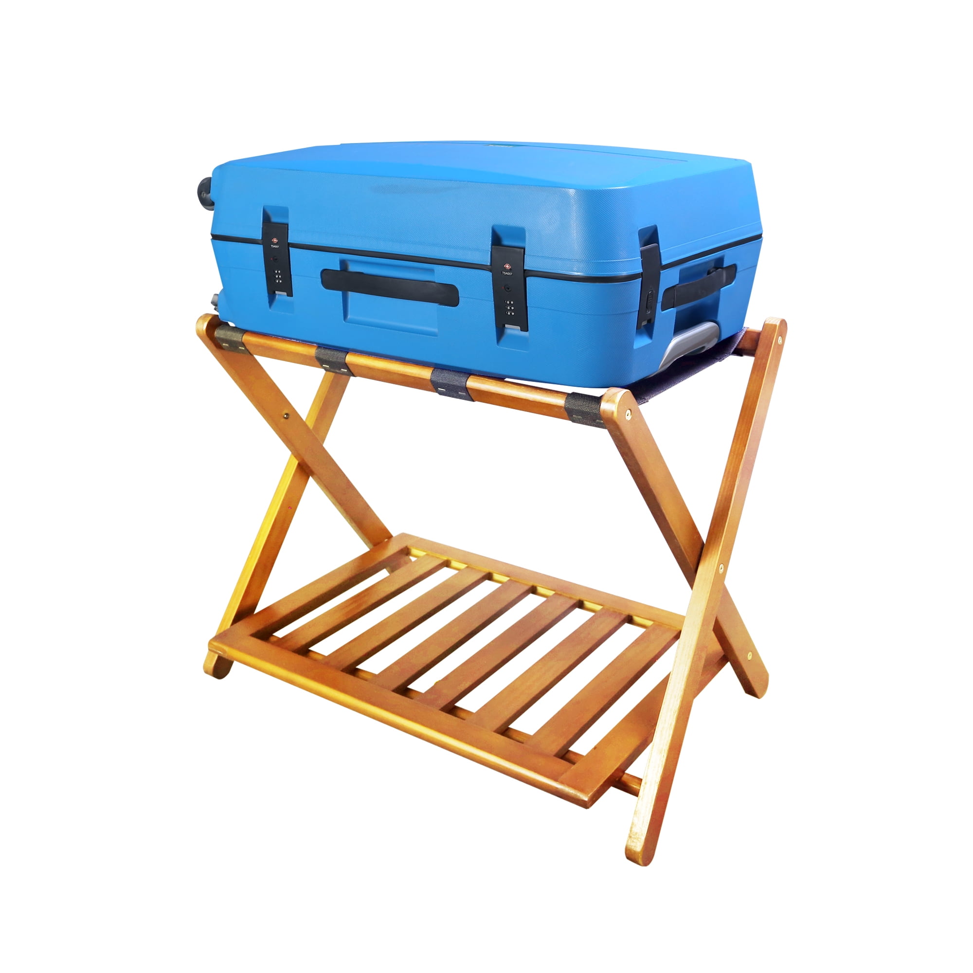 Solid Wood Folding Luggage Rack with Heavy-duty Straps and Shelf - New ...