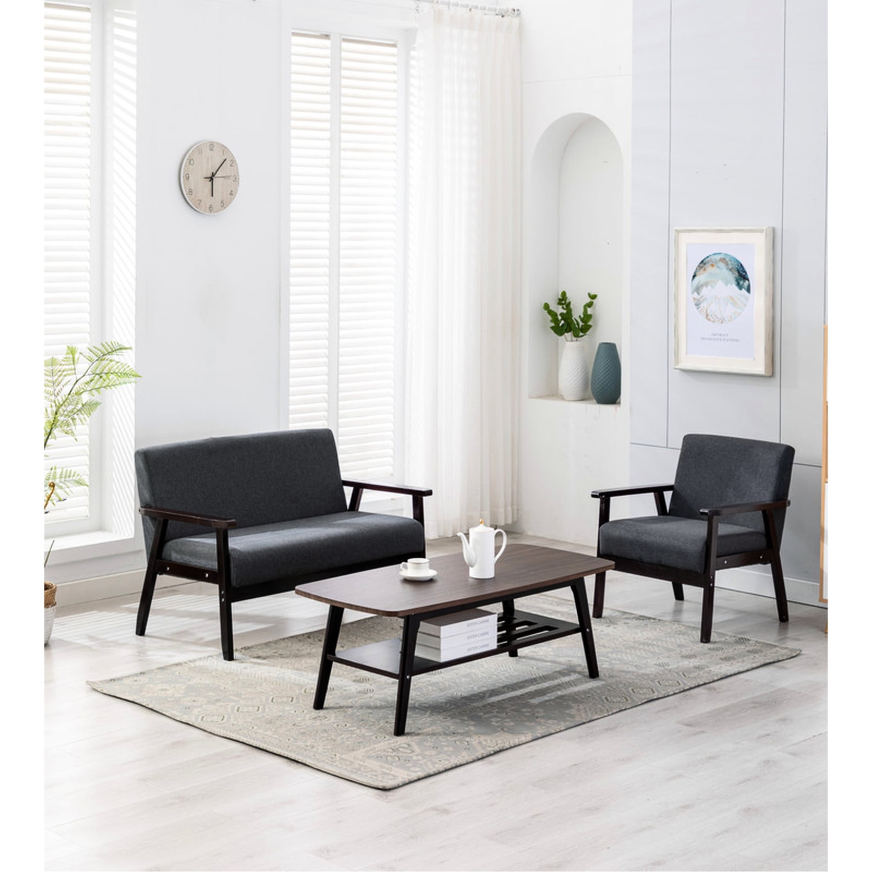 Solid Wood Frame Coffee Table Loveseat Chair Set+Full Foam Cushion ...