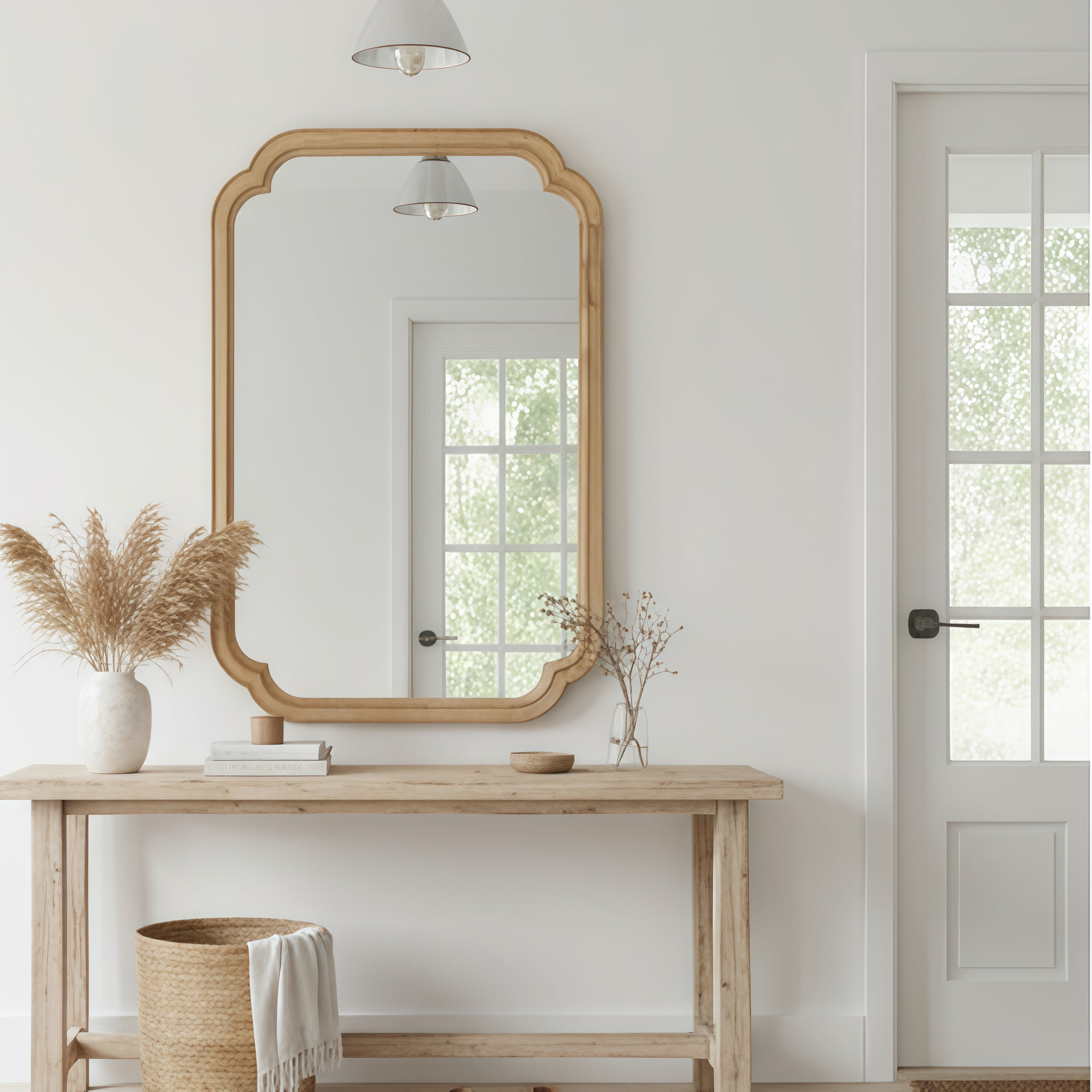 Solid Wood Frame Mirror with Rounded Corner Design, Natural Wood Grain ...