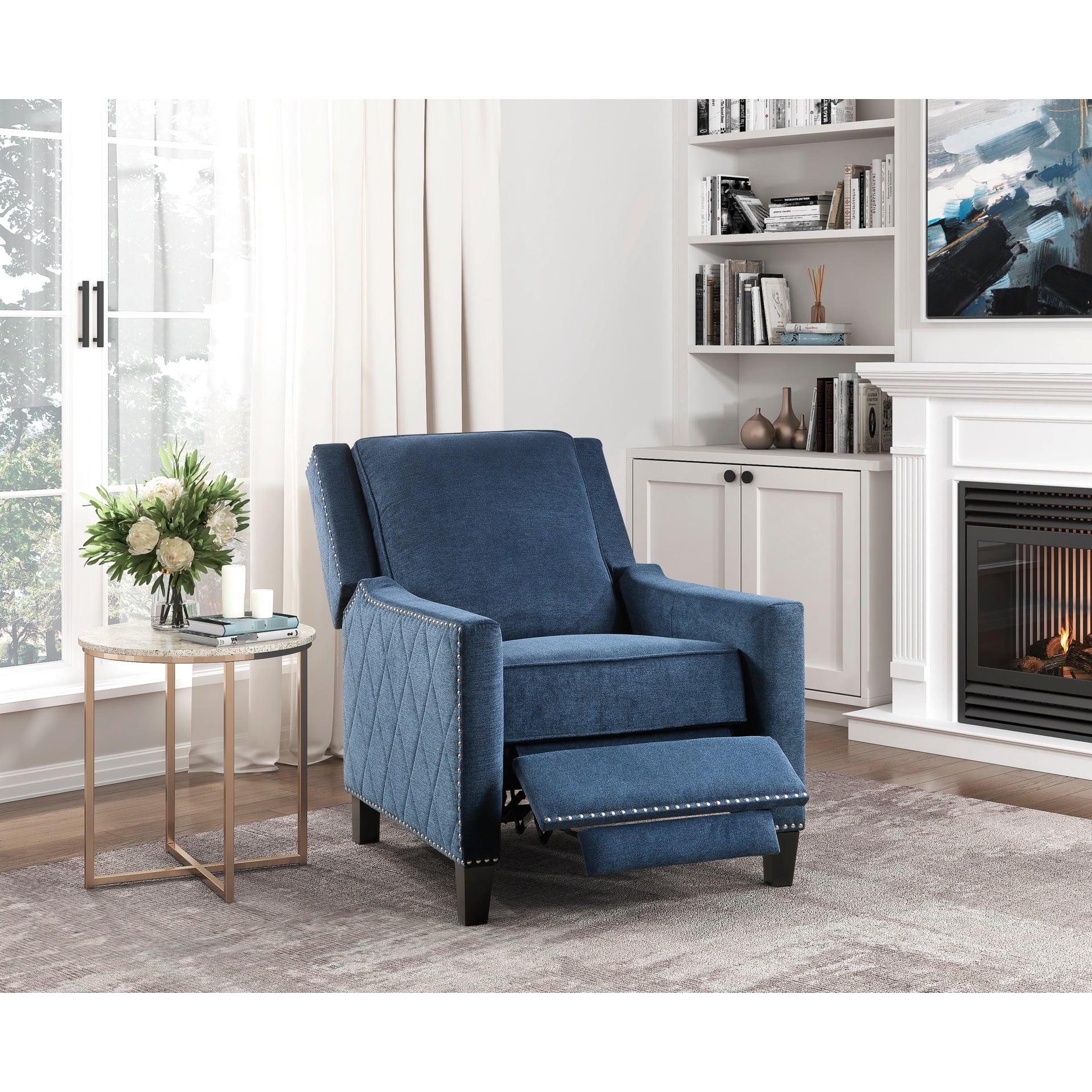 Solid Wood Frame Recliner In Blue Textured Fabric With Nailhead Trim ...
